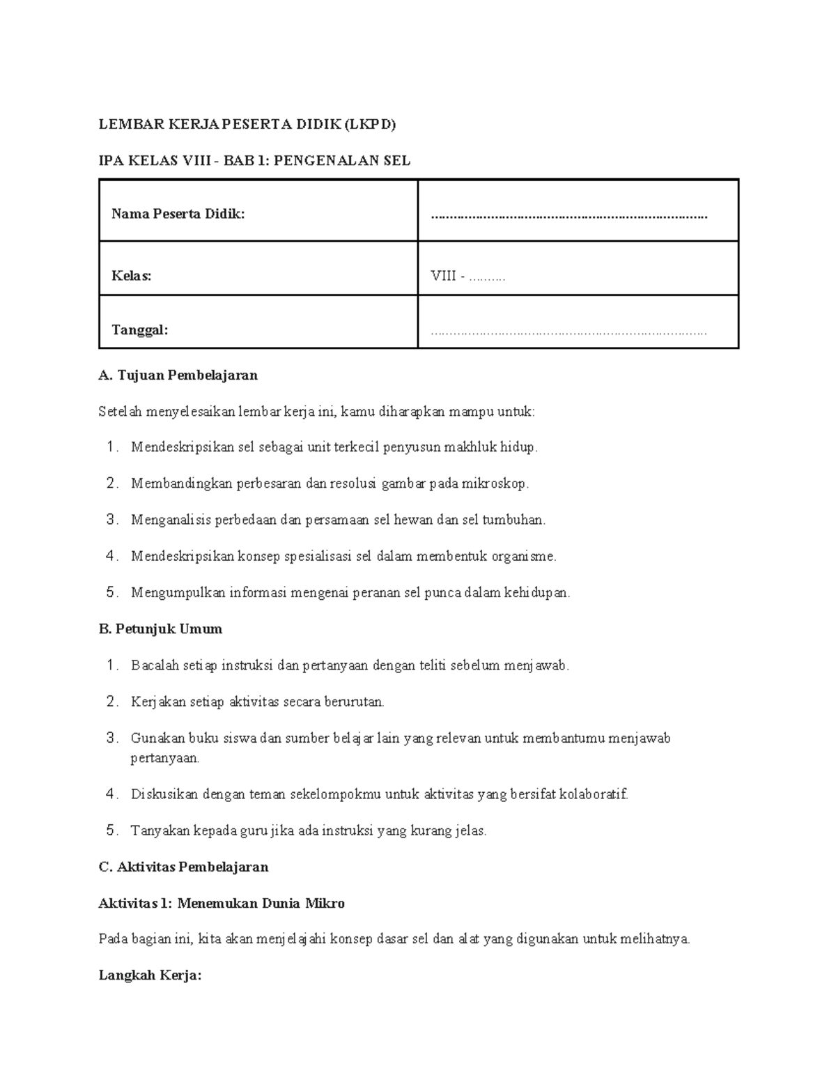 LKPD IPA KELAS 7: PENGENALAN SEL DAN STRUKTURNYA - Studocu
