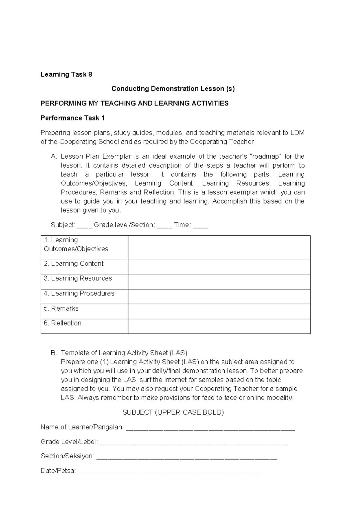 LDM 8: Demonstration Lesson Planning and Performance Tasks Guide - Studocu