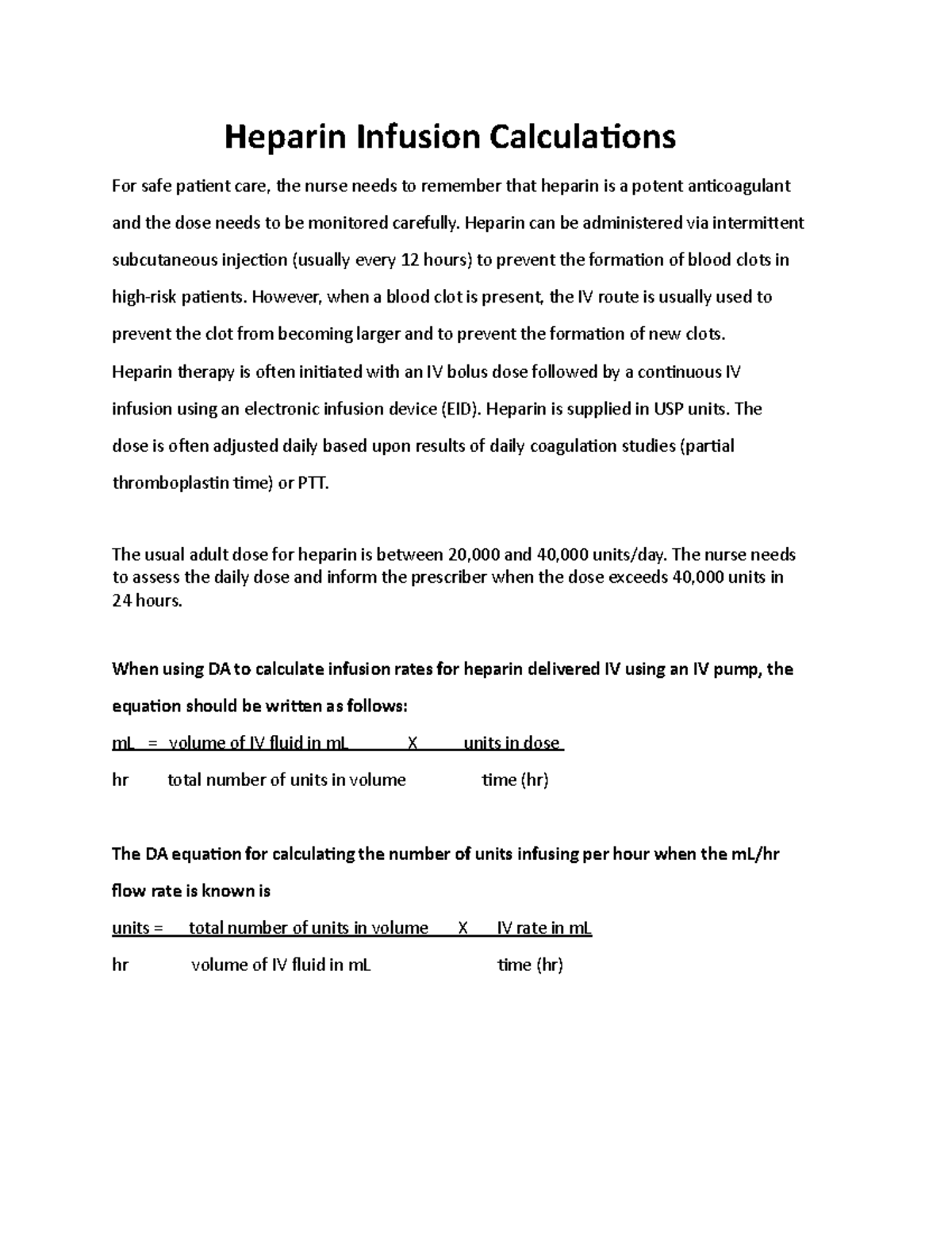 Heparin Infusion Calculation Practice - Nursing Math (NURS 101) - Studocu