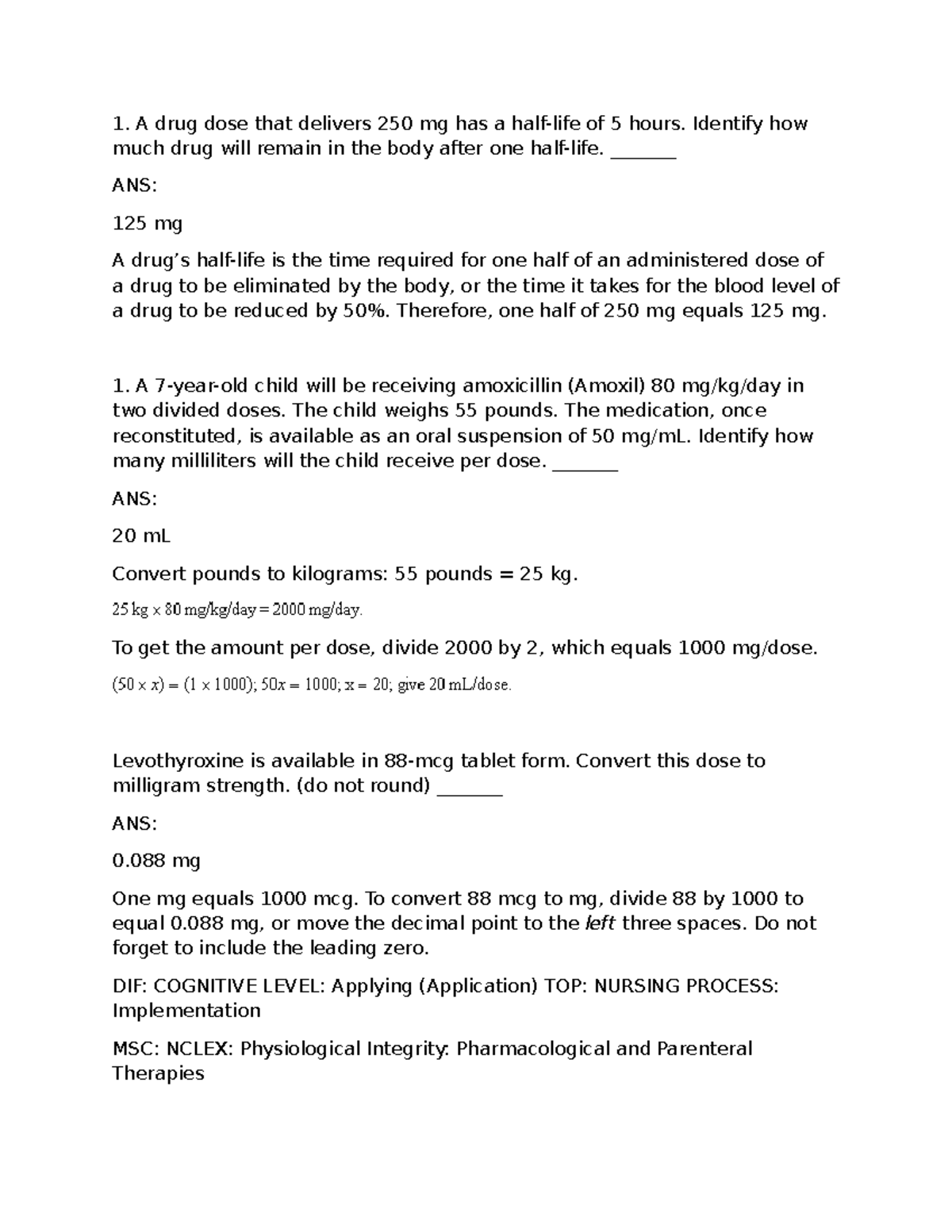 NURS 101: Drug Dosage Calculations and Administration Examples - Studocu