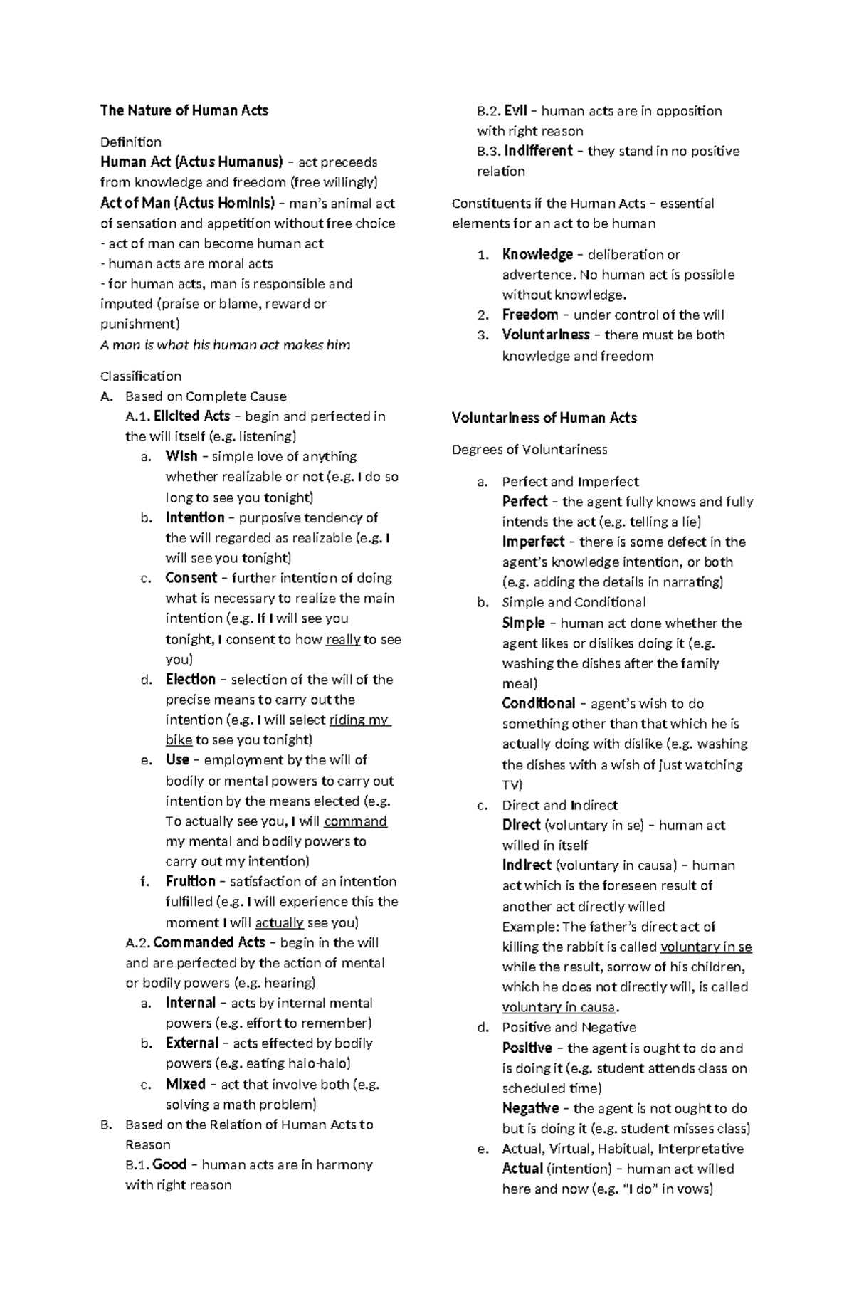Philo Notes Lessons 1-3 - The Nature of Human Acts Definition Human Act ...
