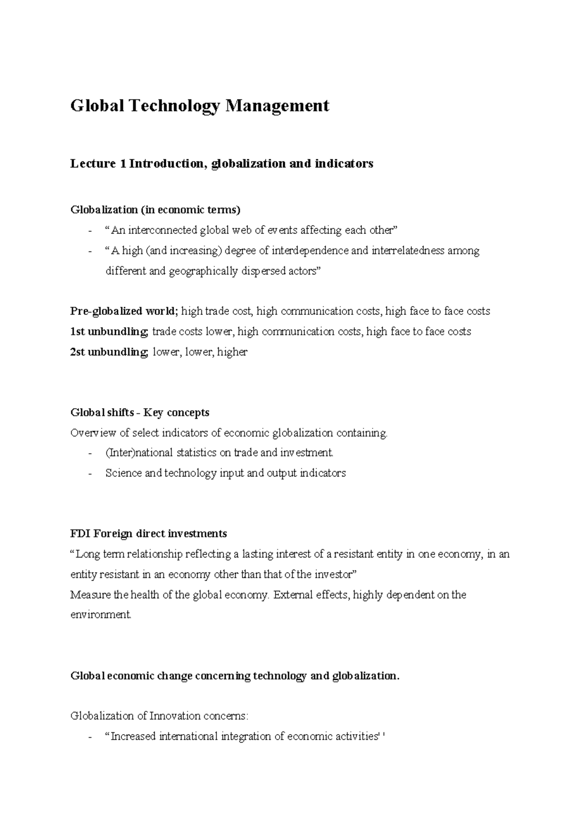 Global Technology Management (GTM) Lecture 1: Globalization ...