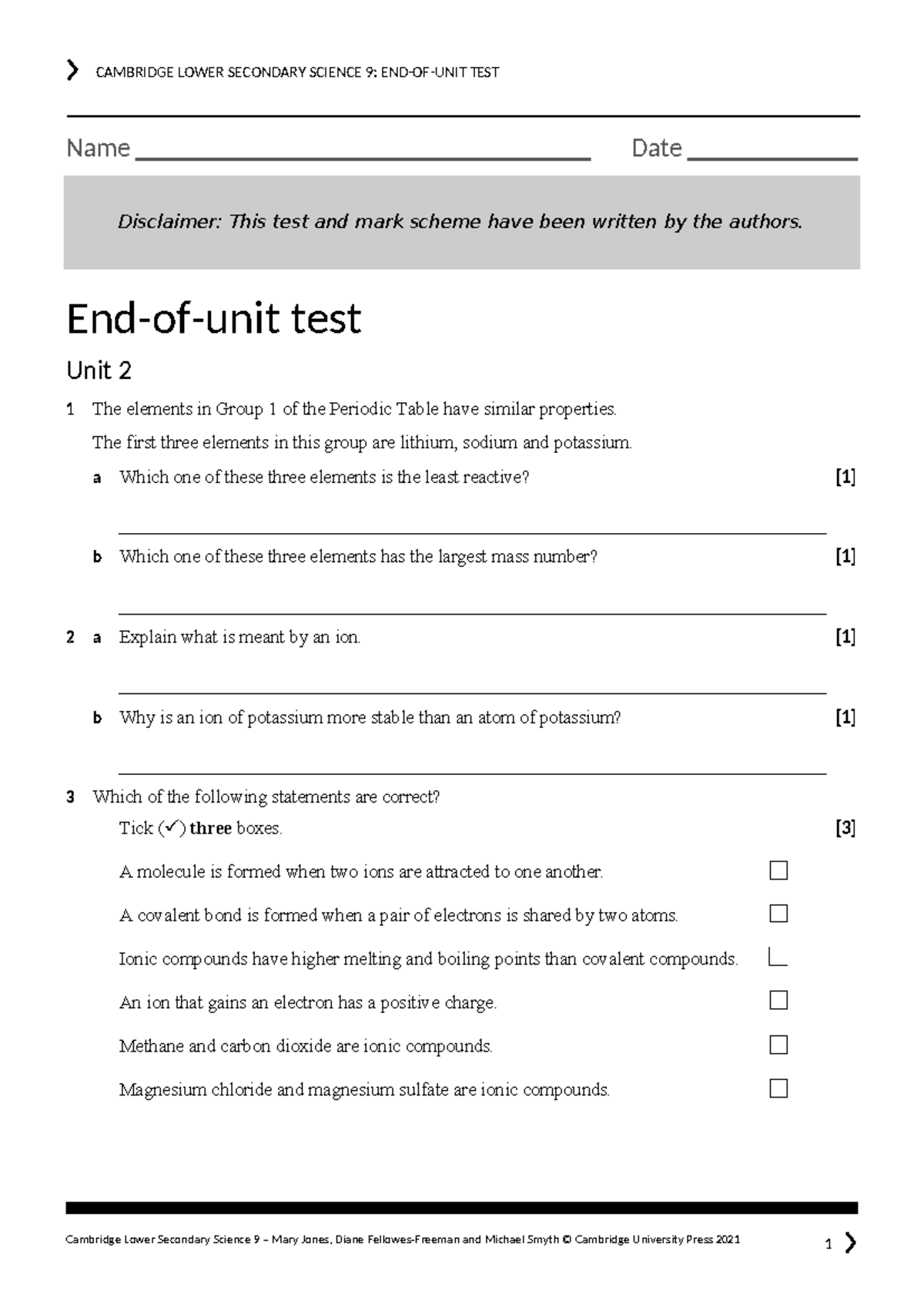 CAMBRIDGE LOWER SECONDARY SCIENCE 9: UNIT 2 TEST - Studocu
