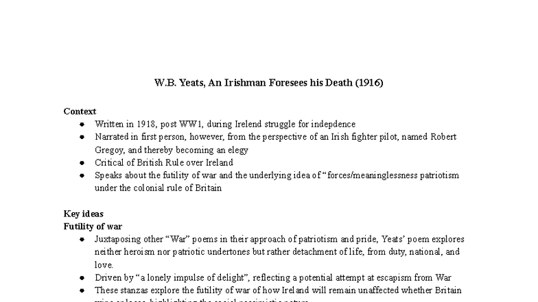 Study Notes on W.B. Yeats: Context & Analysis of Key Poems - Studocu
