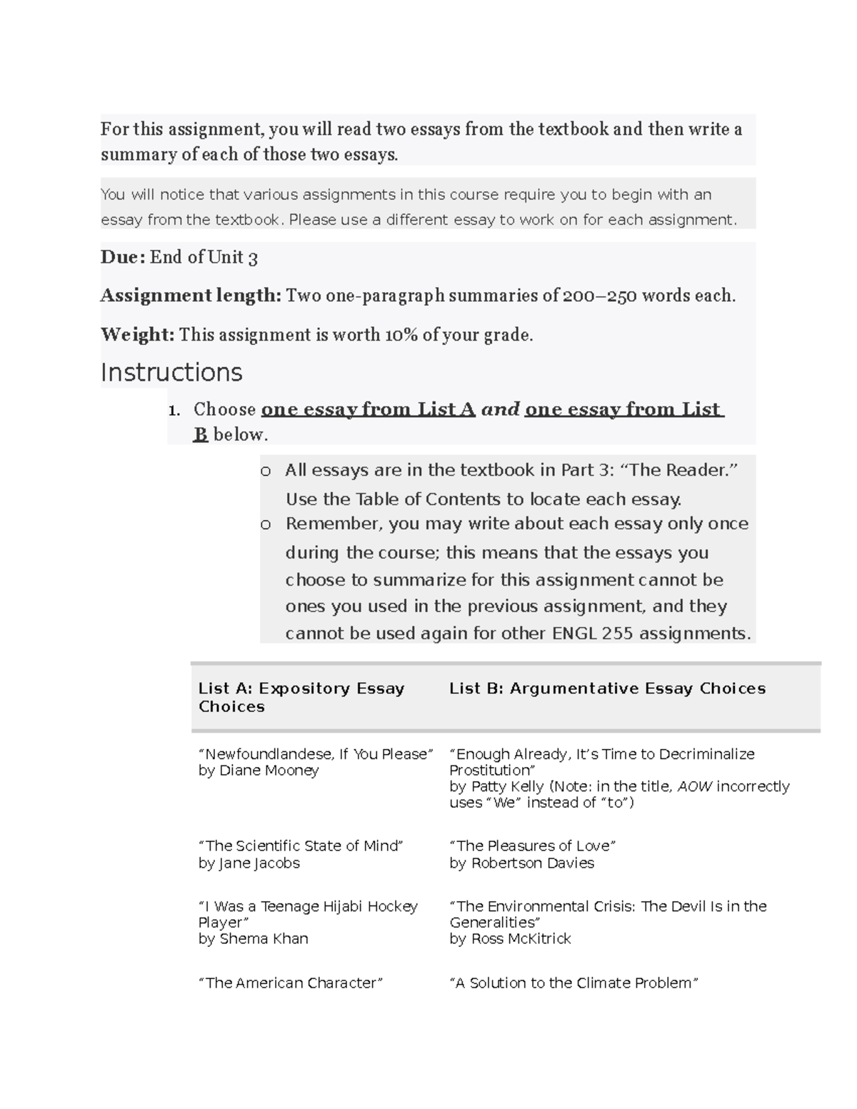 ENGL255v8 Assignment 3: Summary of Two Essays from Textbook - Studocu
