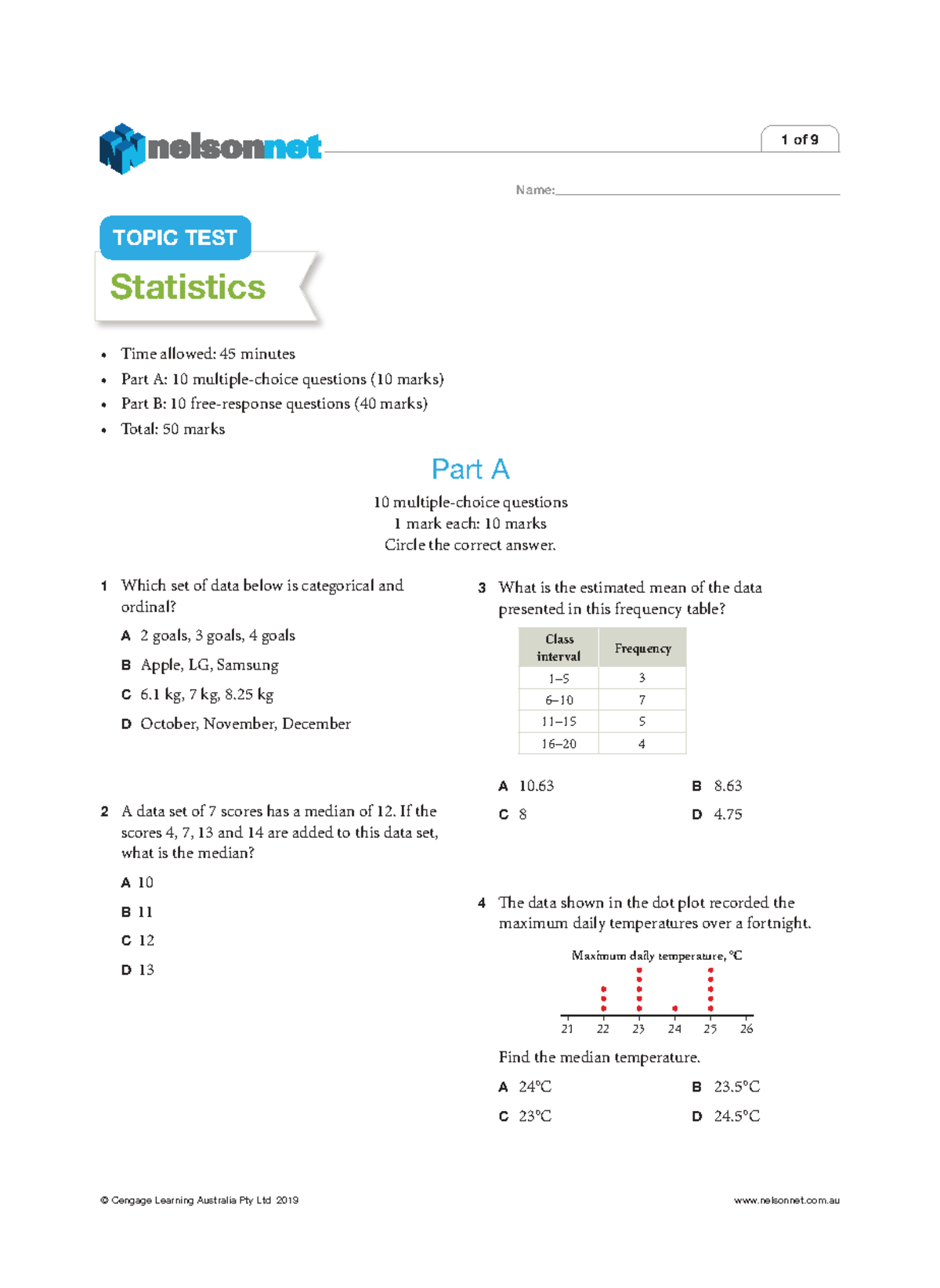 Statistics (Advanced) Topic Test: 50 Marks Assessment - Studocu