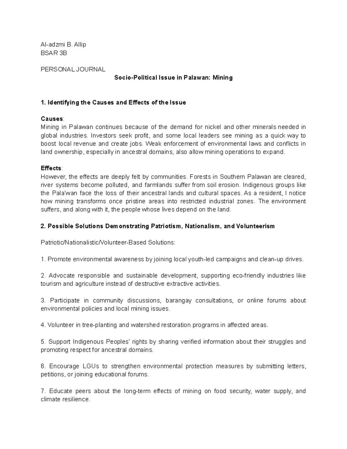 BSAR 3B Personal Journal: Mining Issues and Environmental Solutions in ...