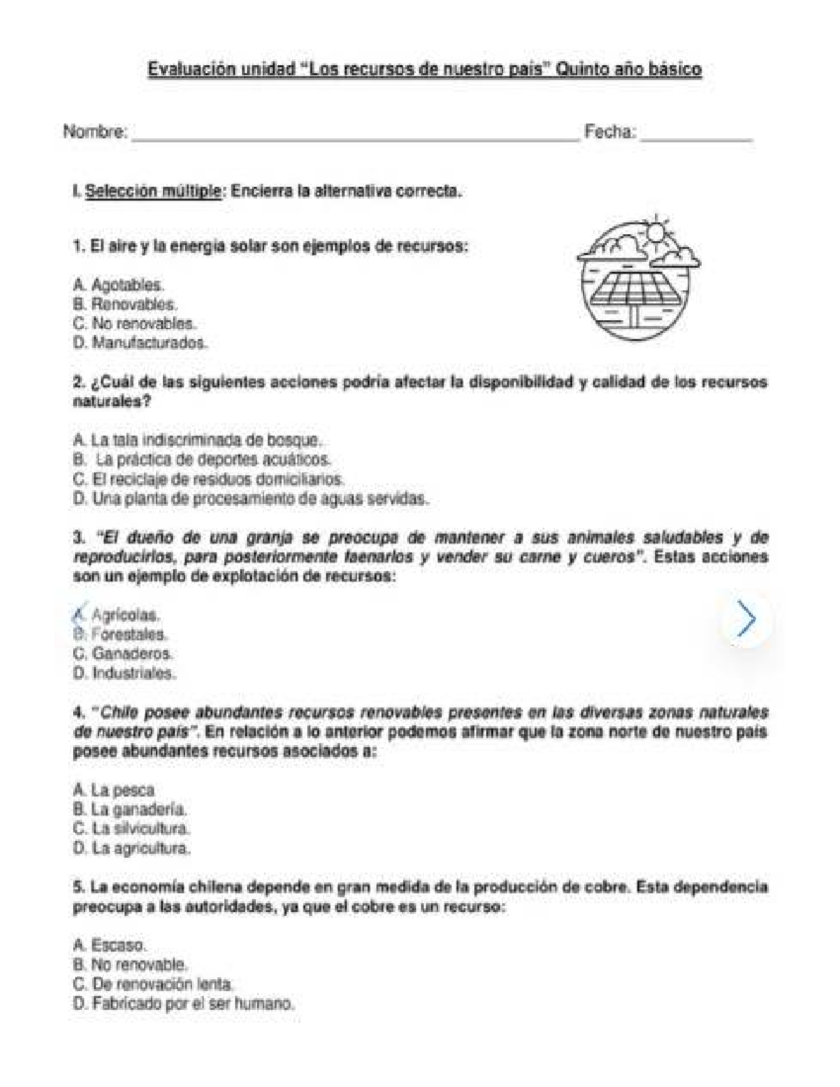 Prueba 5to Básico: Recursos Naturales - Evaluación Unidad 3 - Studocu