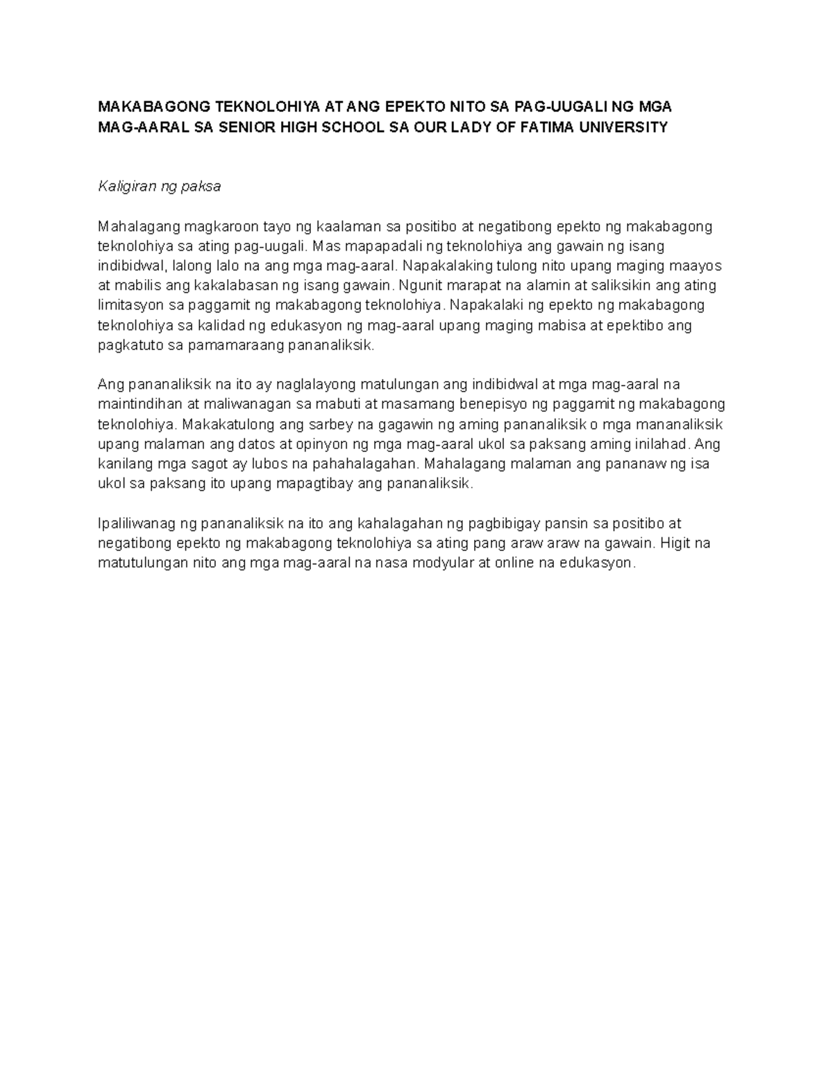 EPEKTO NG MAKABAGONG TEKNOLOHIYA SA MGA MAG-AARAL: PANANALIKSIK - Studocu