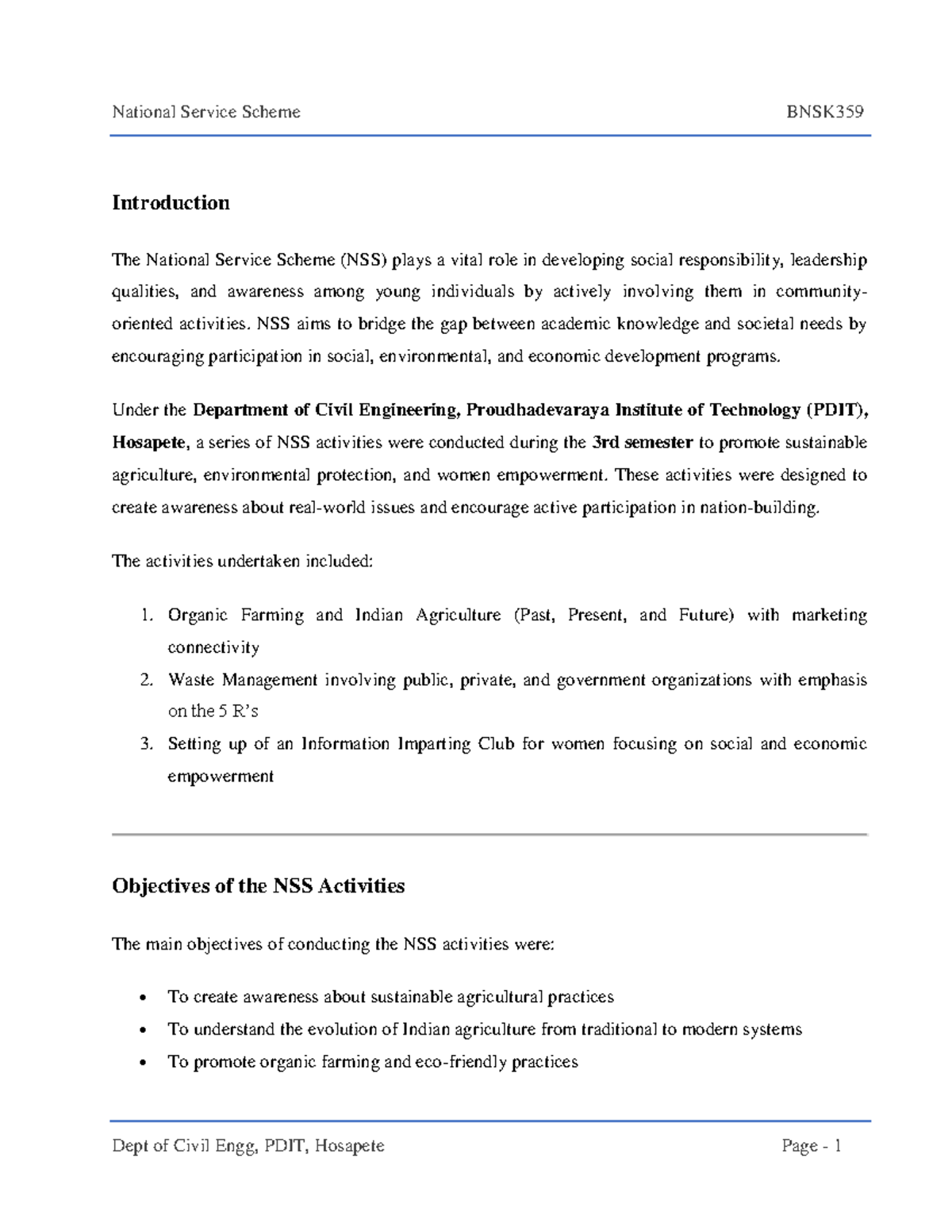 NSS Activities Report BNSK359: Promoting Sustainability & Empowerment ...
