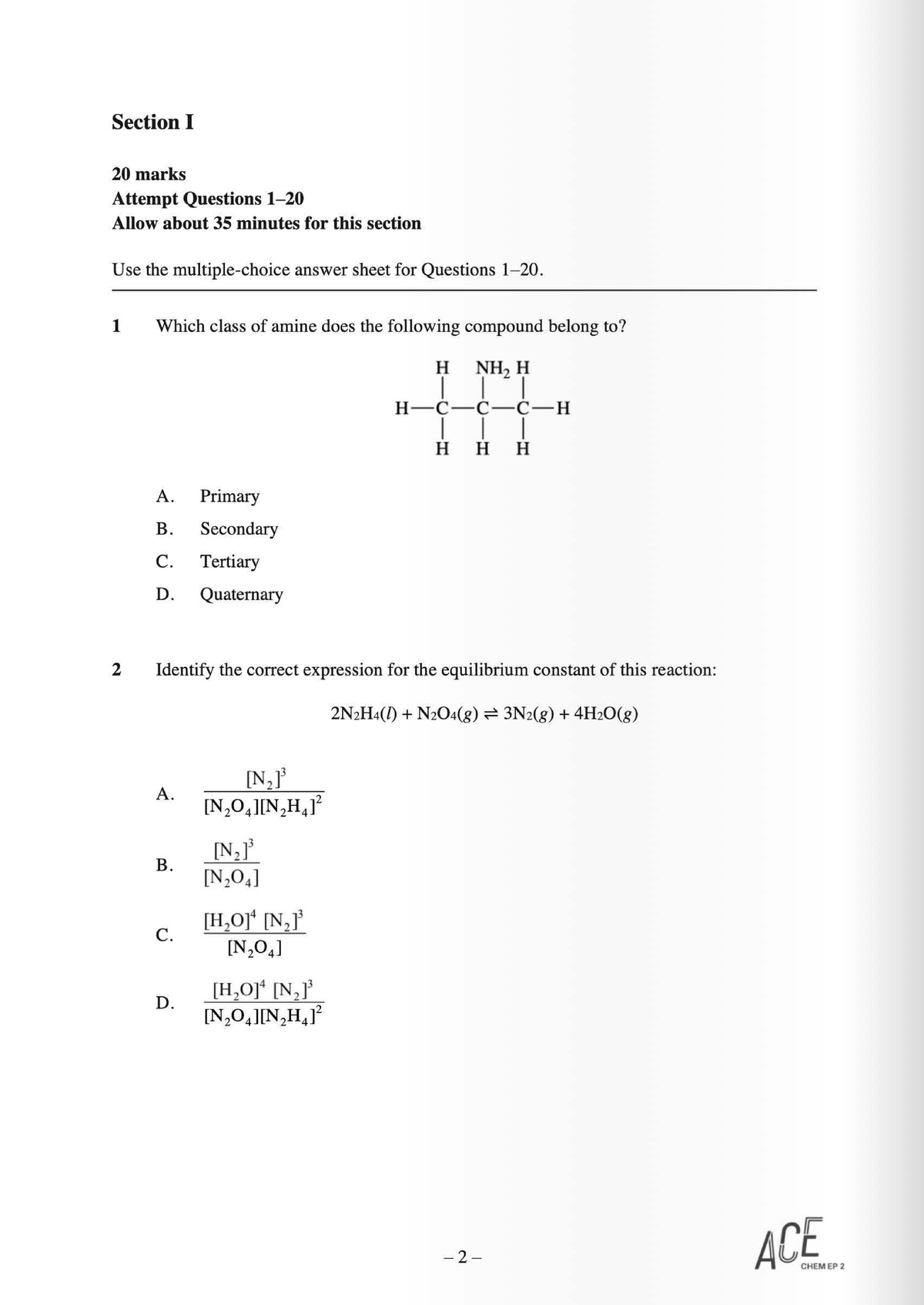 ACE CHEM 2 Final Exam: Section I Questions and Answers - Studocu