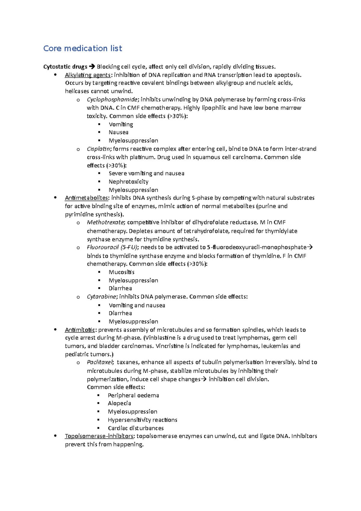 Core Medication List: Cytostatic Drugs and Their Effects - Studeersnel