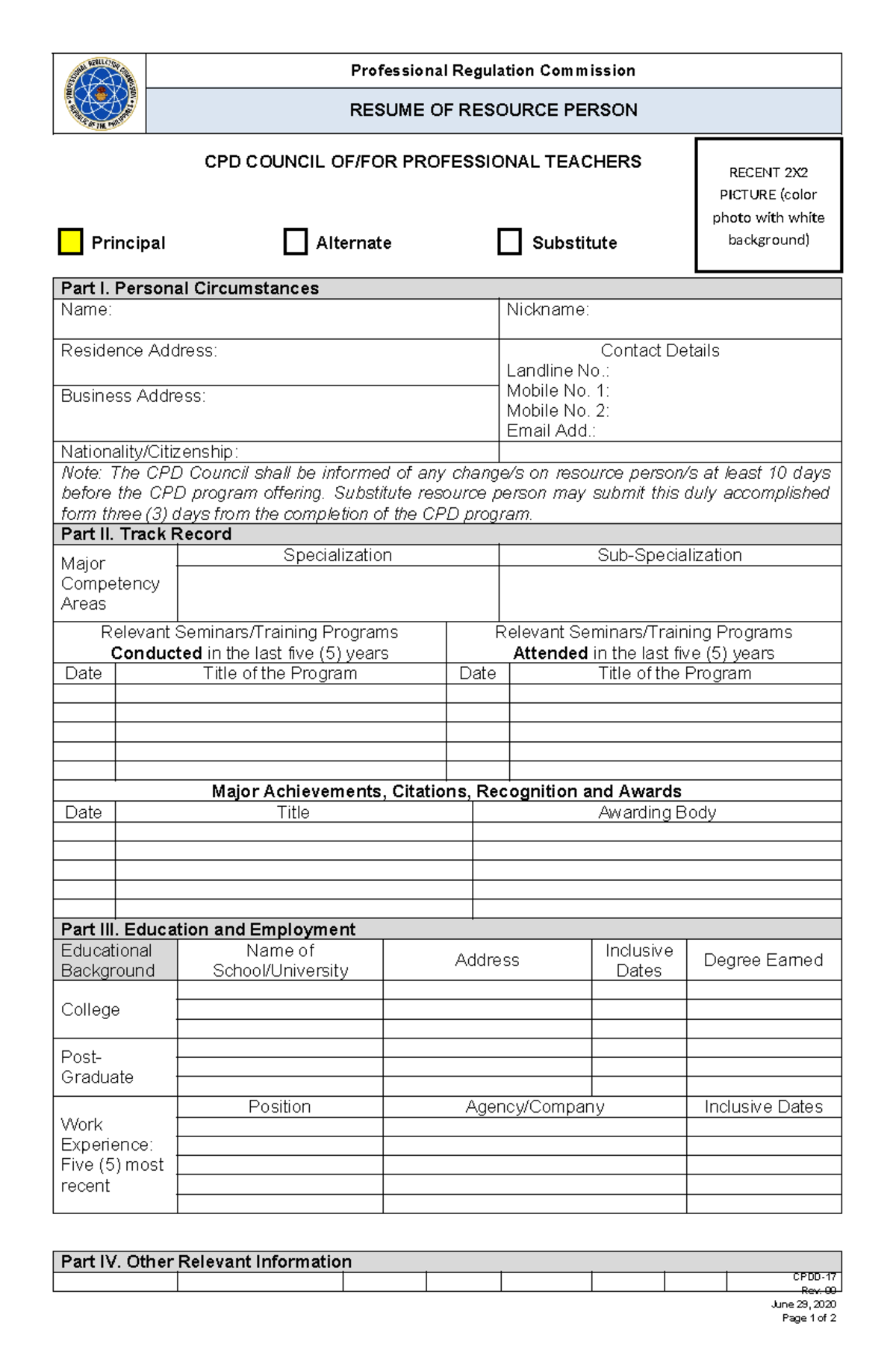 CPDD Resume Application Template for Resource Person Submission - Studocu