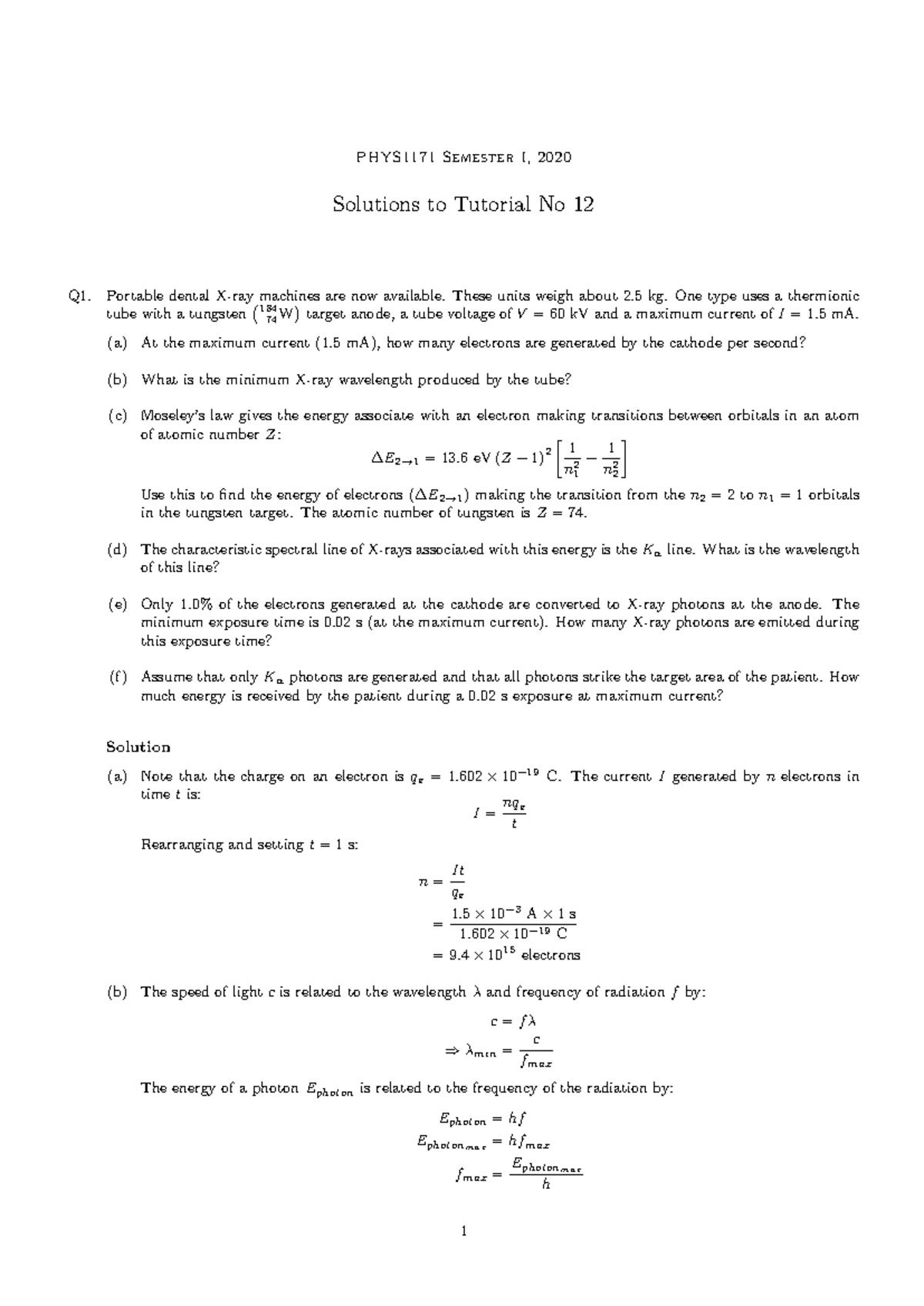 Phys1171 - Answers and working outs for Week Twelve Tutorial Questions ...