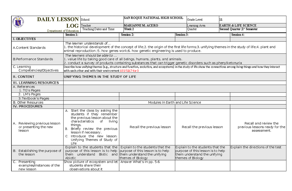 Quarter 2week2 - DLL - DAILY LESSON LOG Department of Education School ...
