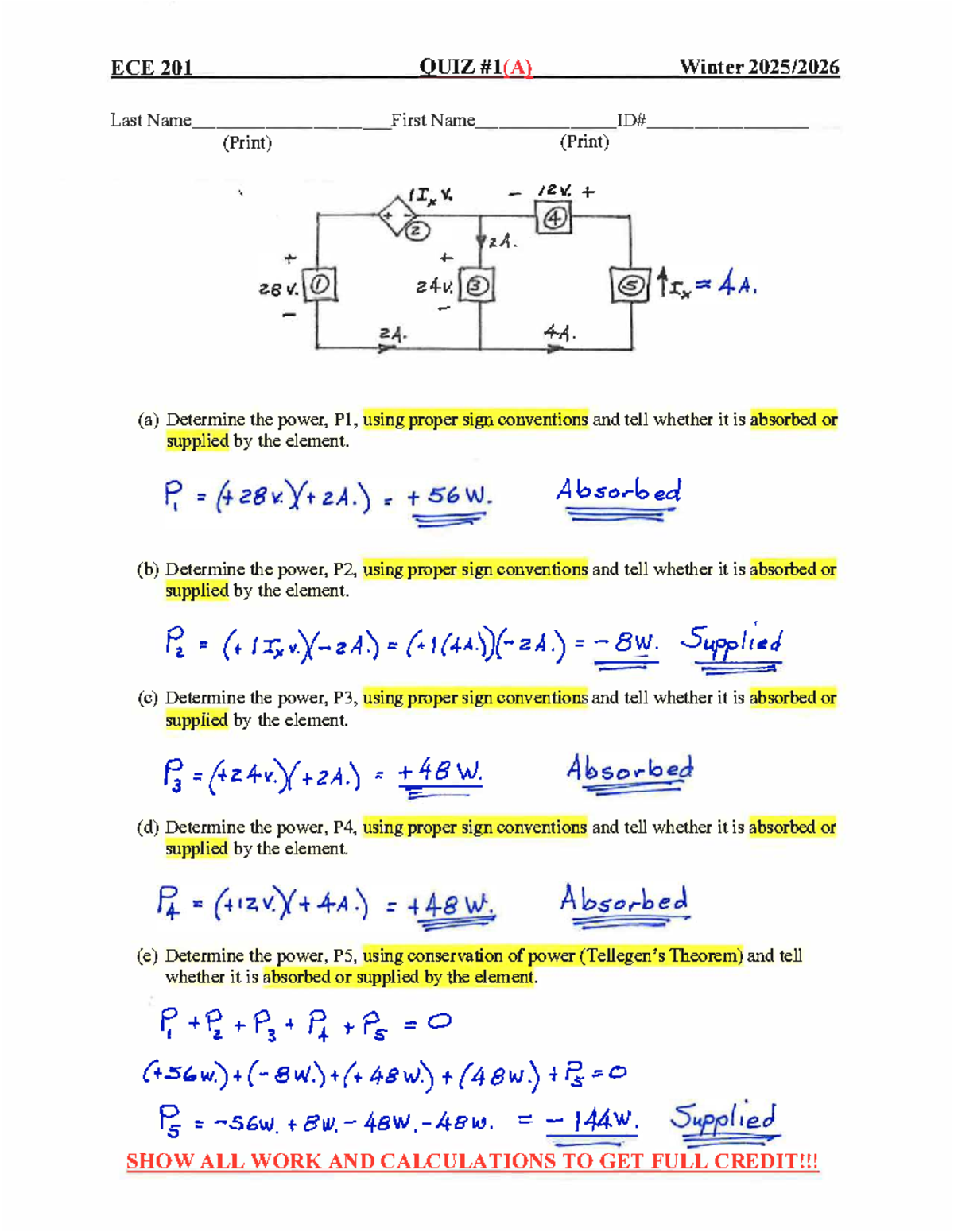 Winter ECE 201 Quiz: Power Calculations and Sign Conventions - Studocu