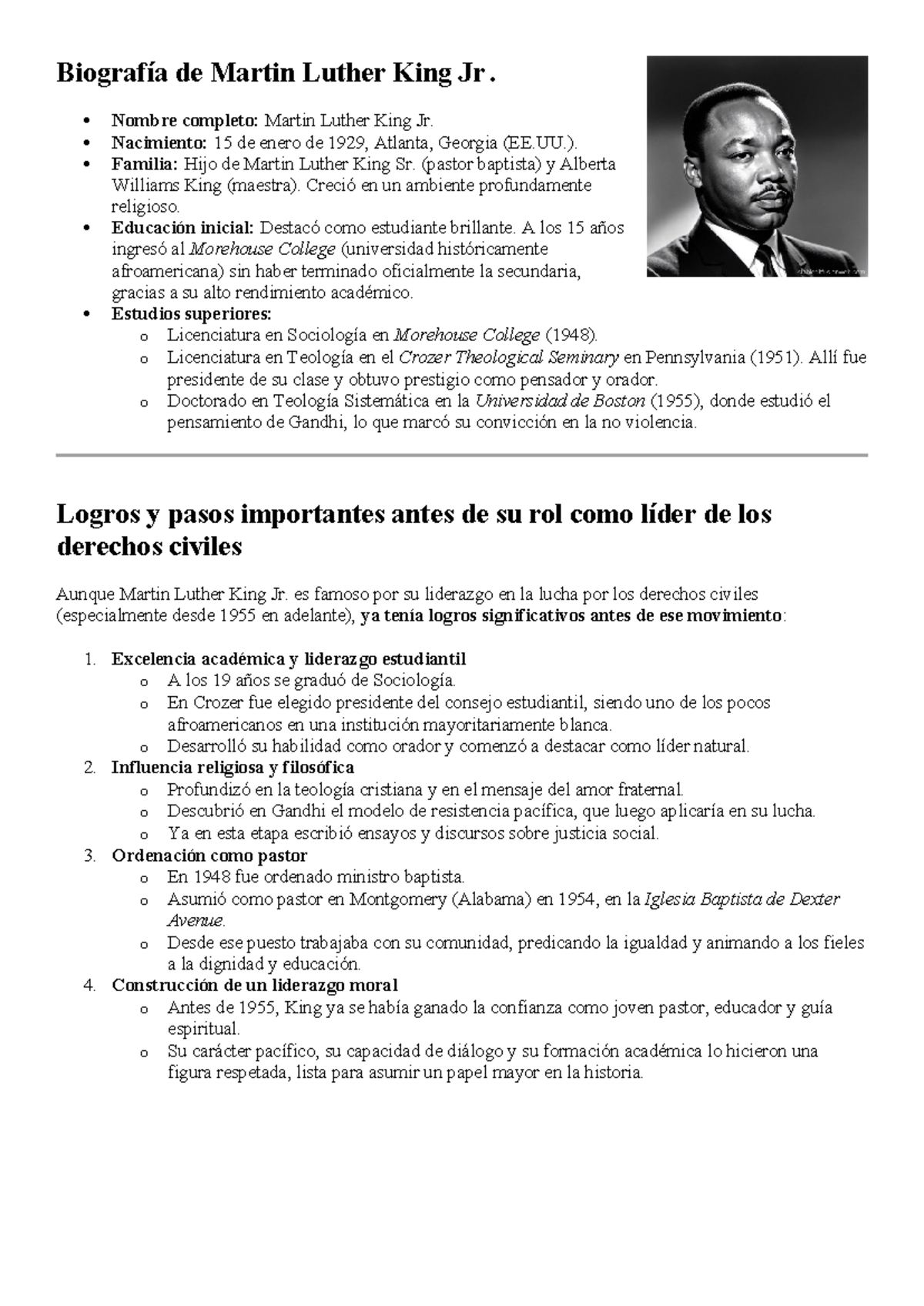 Biografía de Martin Luther King Jr: Logros y Liderazgo - Studocu