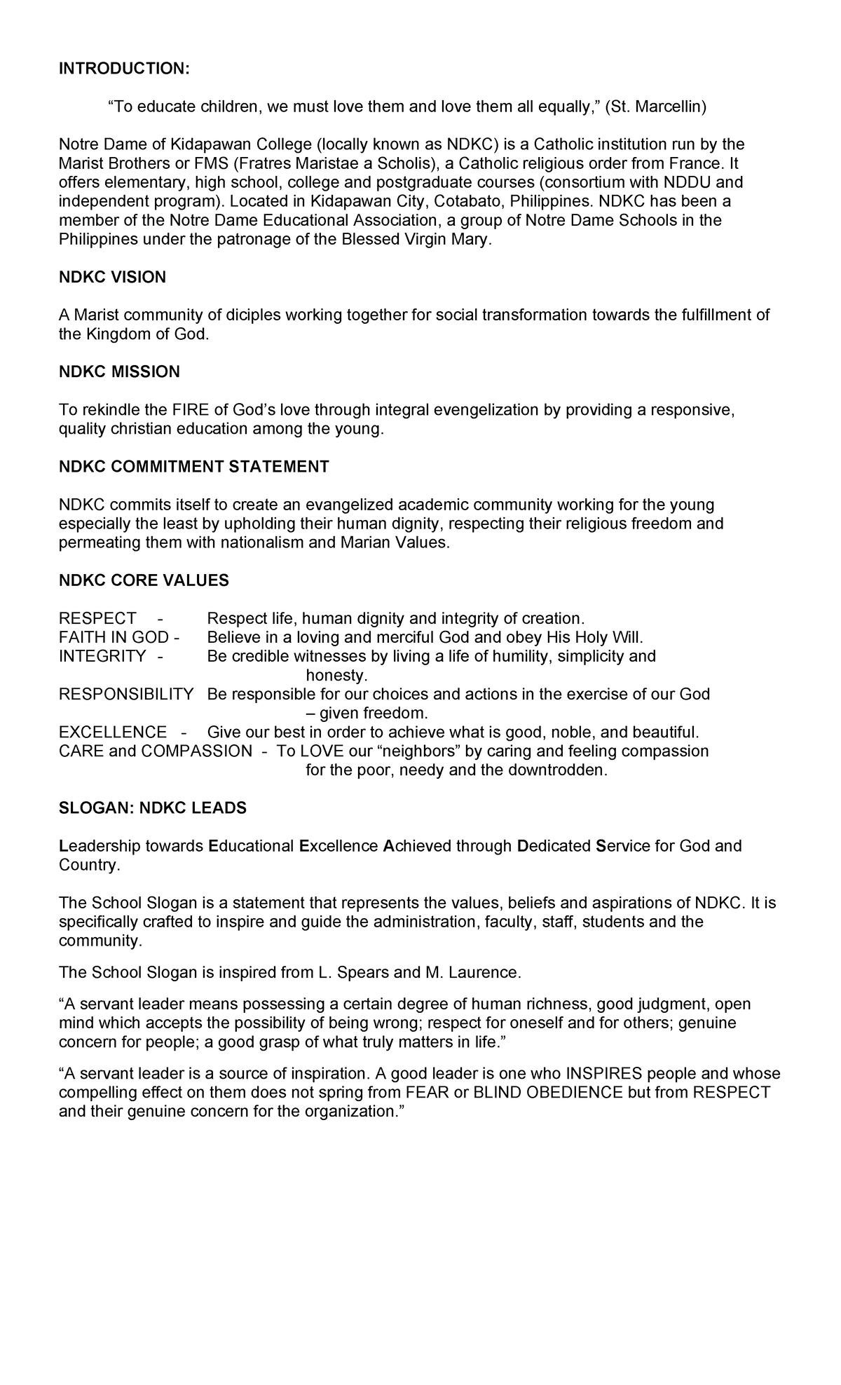 NDKC NSTP 1 - Commitment to Marist Values and Educational Excellence ...