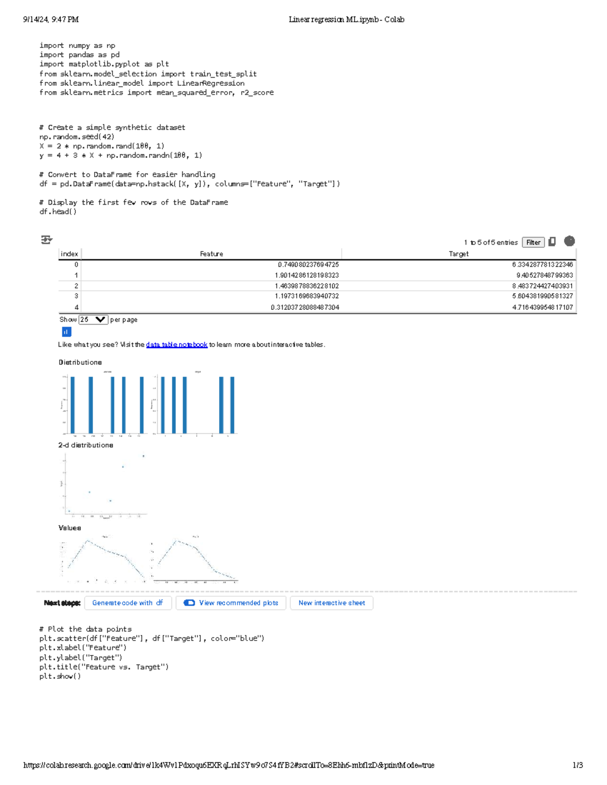 Linear Regression ML: Synthetic Dataset Analysis and Model Training ...