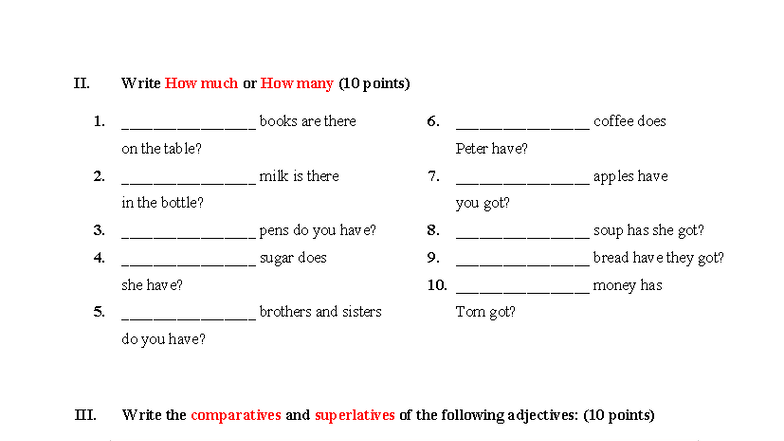 II. How Much or How Many: Grammar Exercises and Activities - Studocu