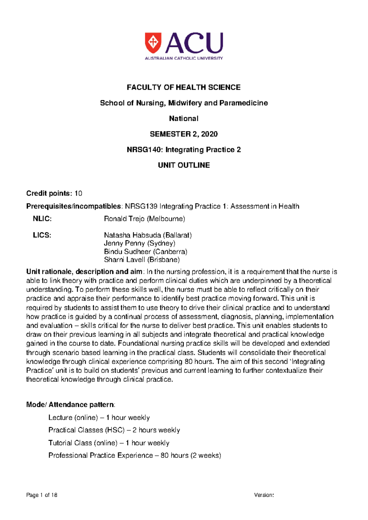 NRSG140 Unit Outline (semester 2 2020) - Warning: TT: undefined ...