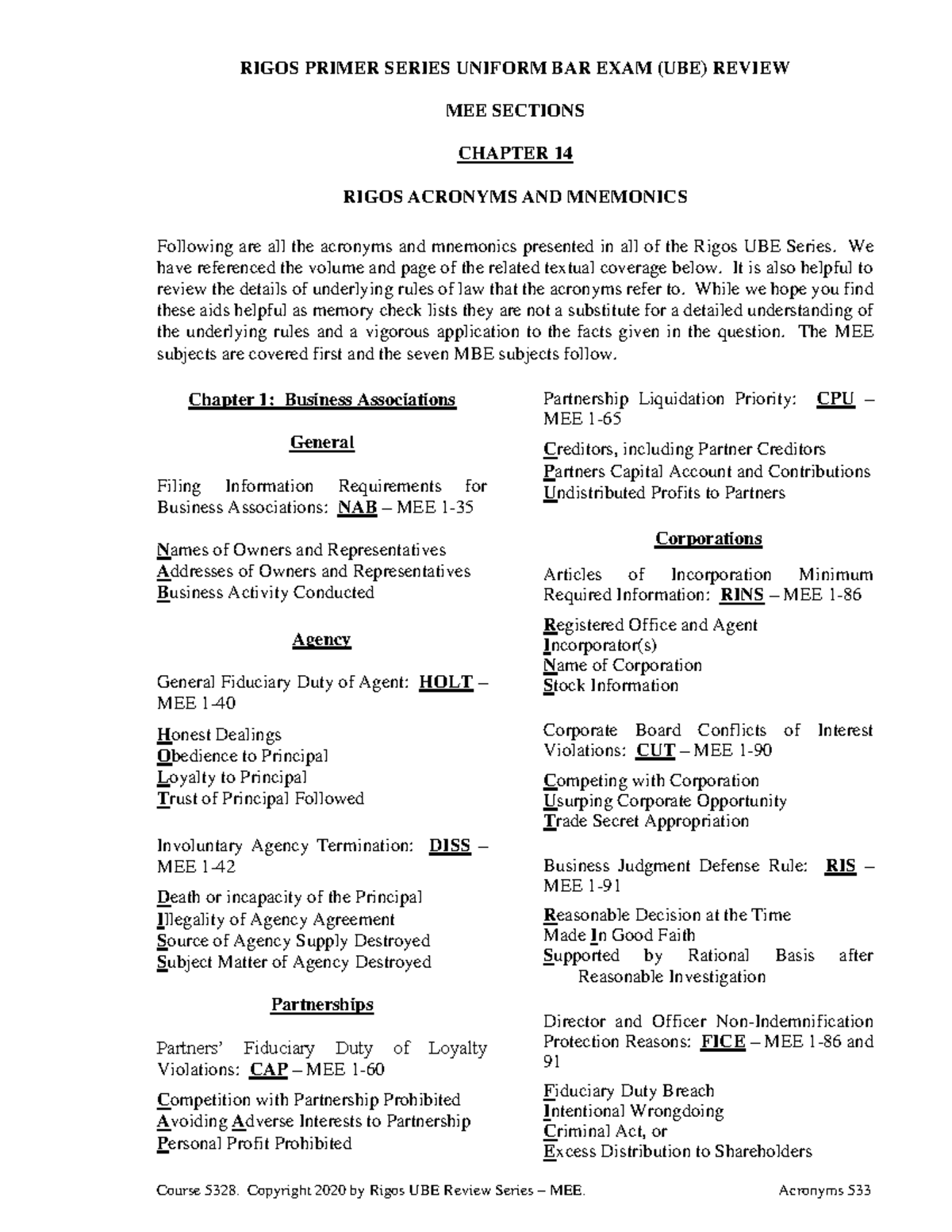 Rigos 2020 MEE & MBE Acronyms and Mnemonics Study Guide [5328] - Studocu