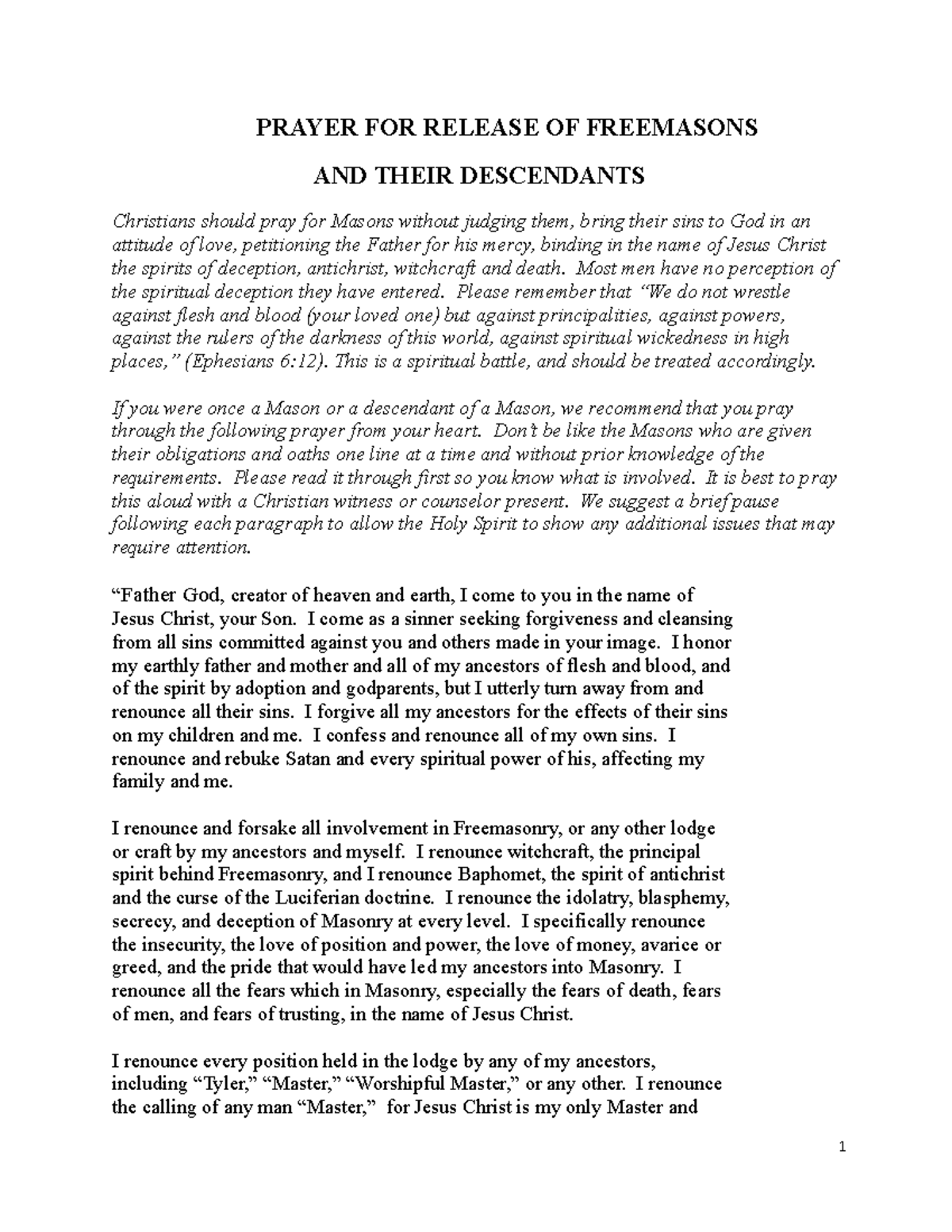Prayer for the Release of Freemasons and Their Descendants - Studocu