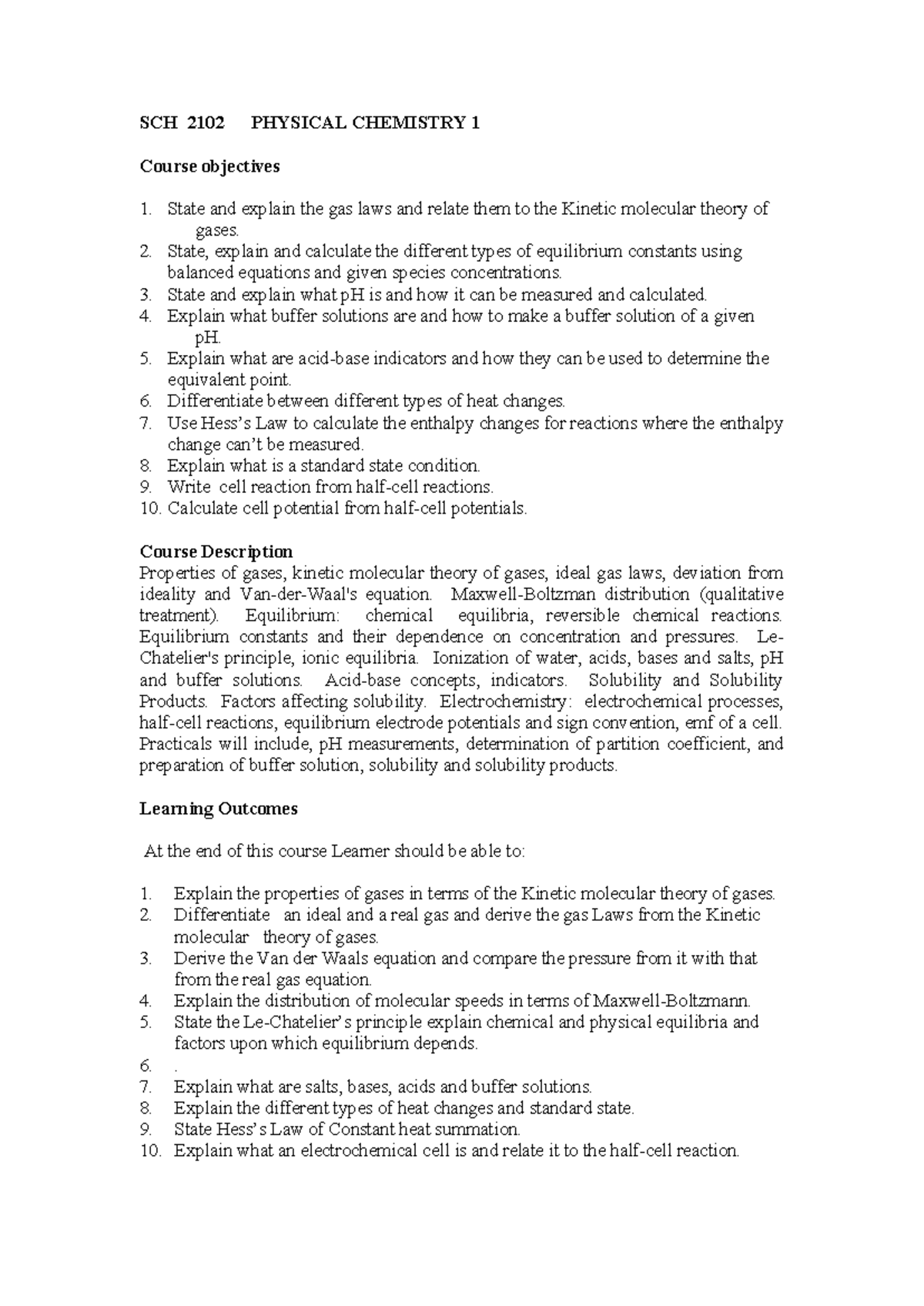 SCH 2102 Physical Chemistry 1: Course Objectives & Overview - Studocu