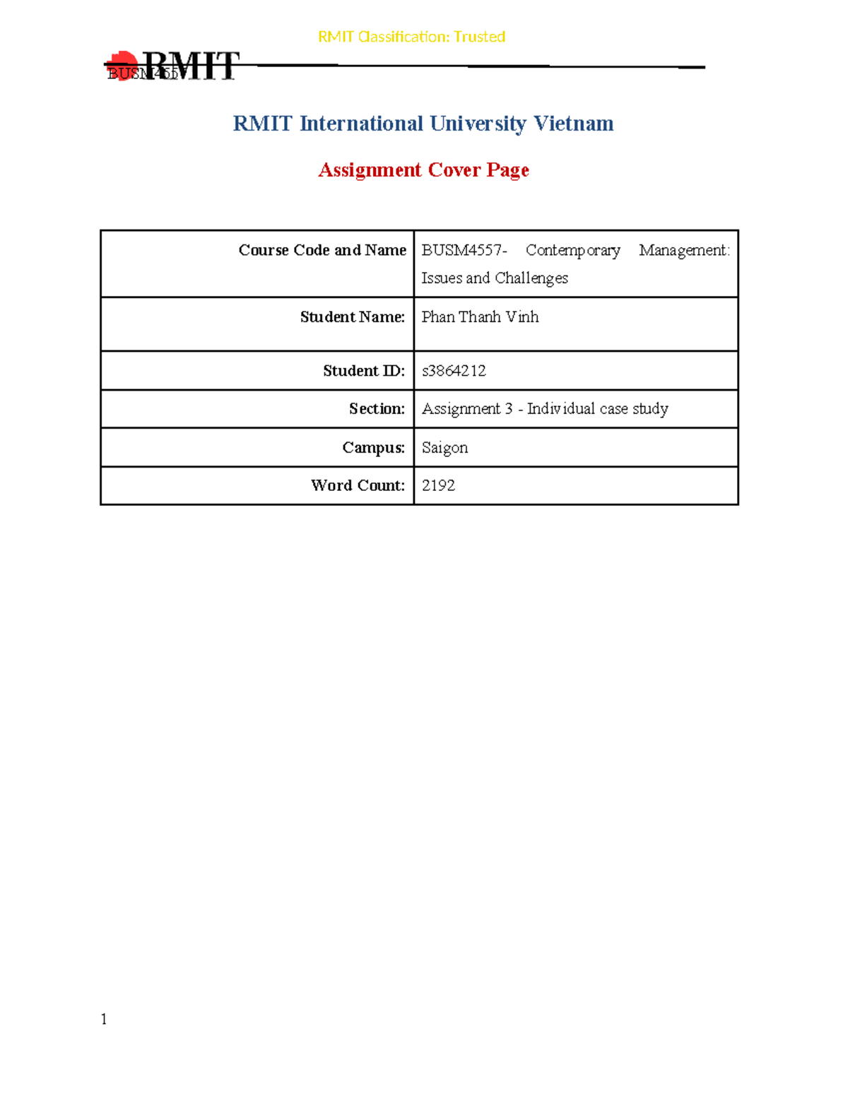 Assignment 1 hahahahahhaa - BUSM RMIT International University Vietnam ...
