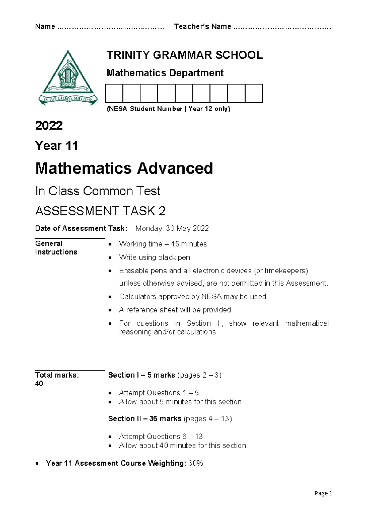 2022 Year 11 Mathematics Advanced Assessment Task 2 - Studocu