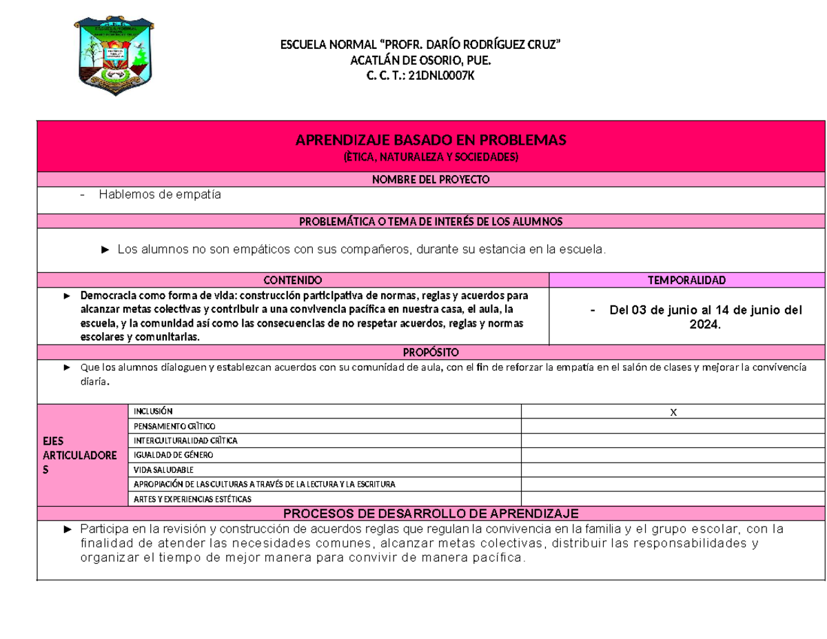 Planeación F: Proyecto sobre Empatía en el Aula - ESCUELA NORMAL DARÍO ...