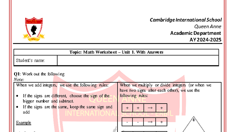 Grade 7 Math Worksheet Unit 1 with Answers - Cambridge International ...