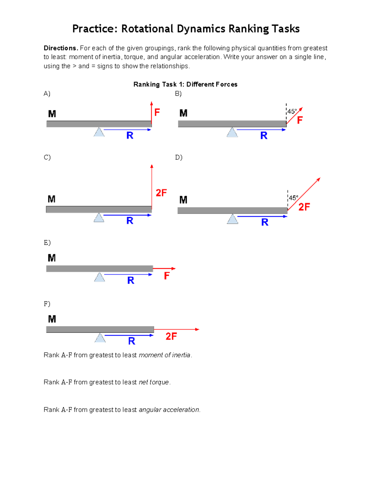 Rotational Dynamics Ranking Tasks: Practice for Physics Concepts - Studocu