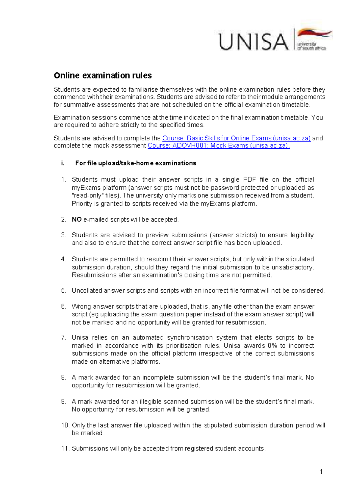 Unisa online examination rules Jan Feb 2024 - Online examination rules ...
