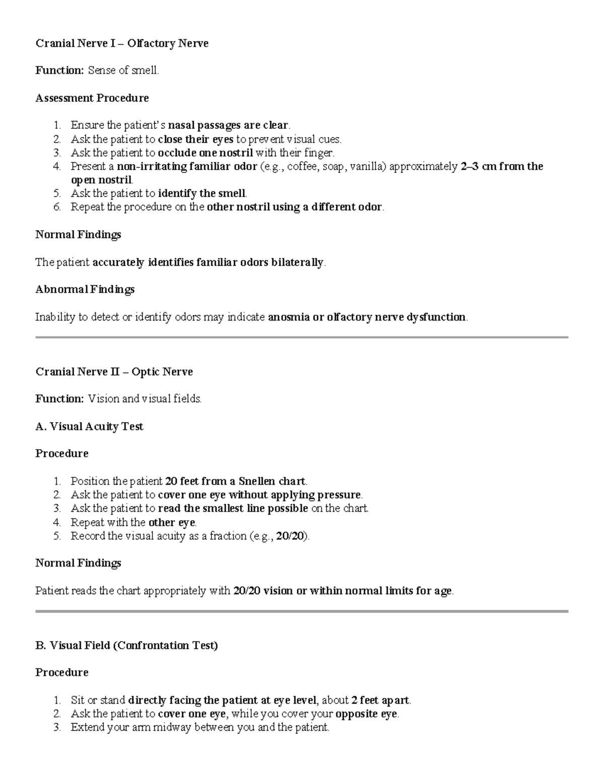 Cranial Nerve Assessment Procedures: Neuro Physical Exam Guide - Studocu