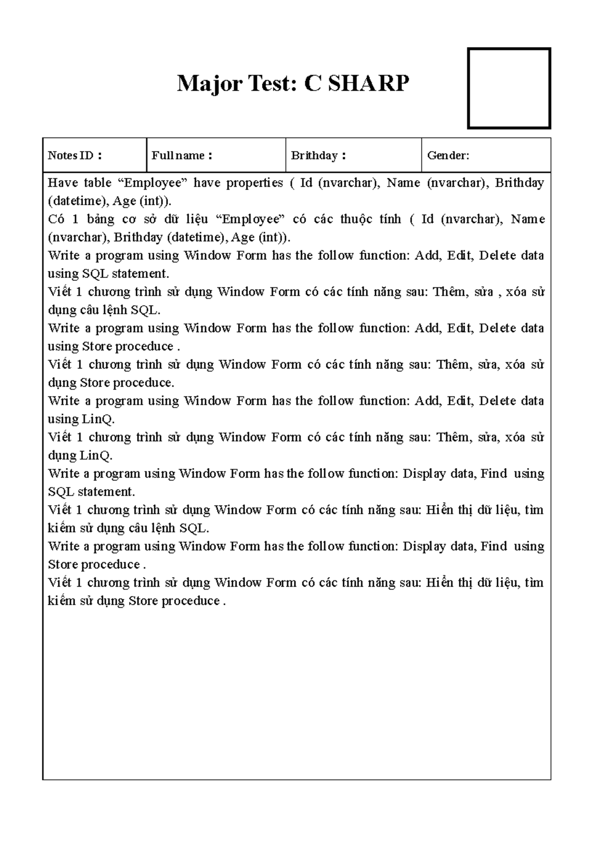 Phong VAN 2 - Công nghệ thông tin - Major Test: C SHARP Notes ID： Full ...