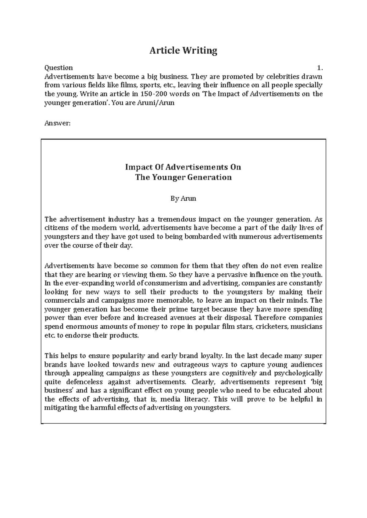 2. Article Writing on The Impact of Advertisements on Youth - Studocu
