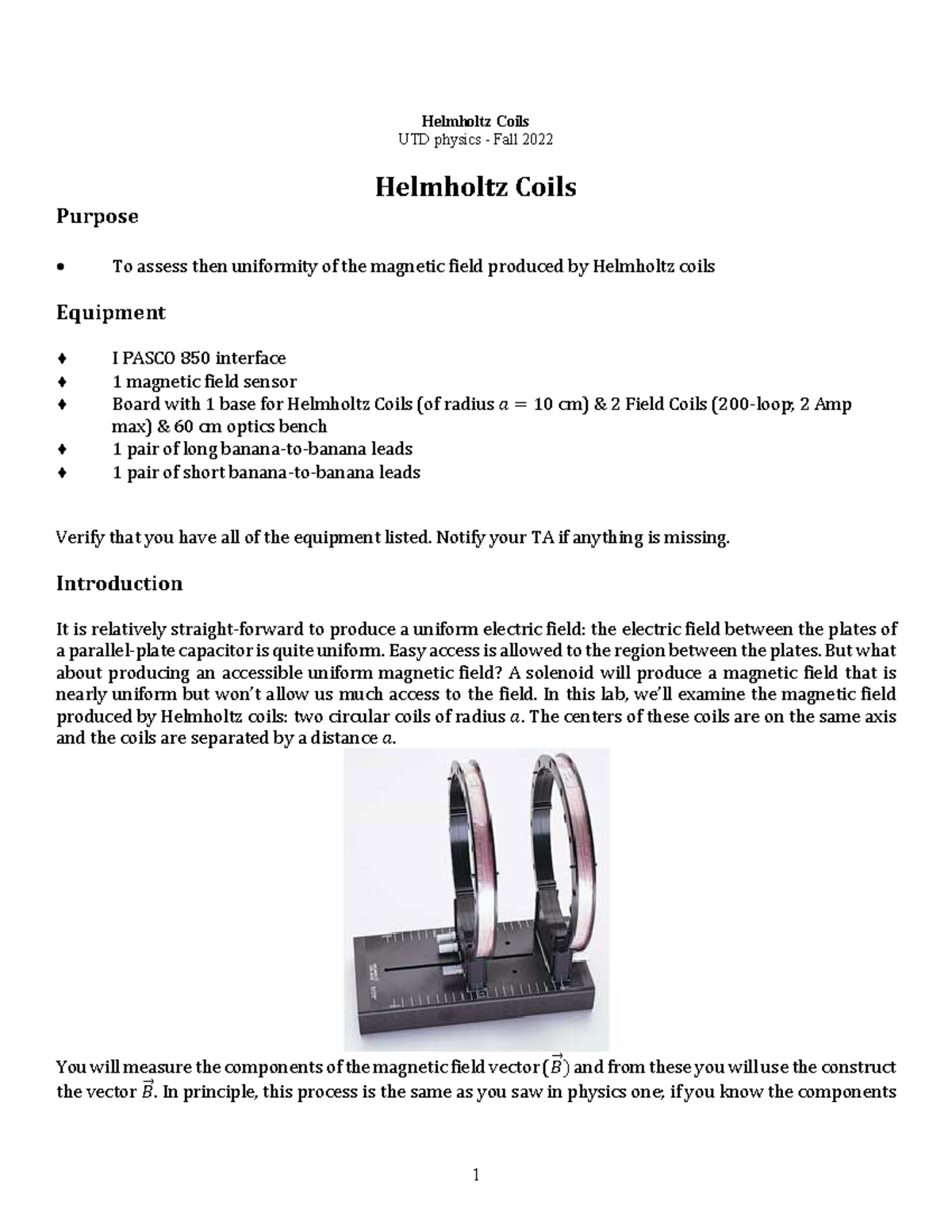 Helmholtz Coils: Magnetic Field Analysis - UTD Physics Lab Fall 2022 ...
