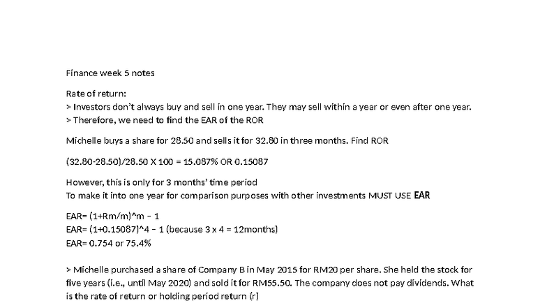Finance Week 5 Notes: Rate of Return & Investment Risk Analysis - Studocu