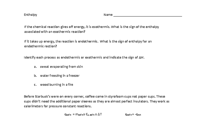 Enthalpy and Hess's Law - Practice Notes (Chem 101) - Studocu
