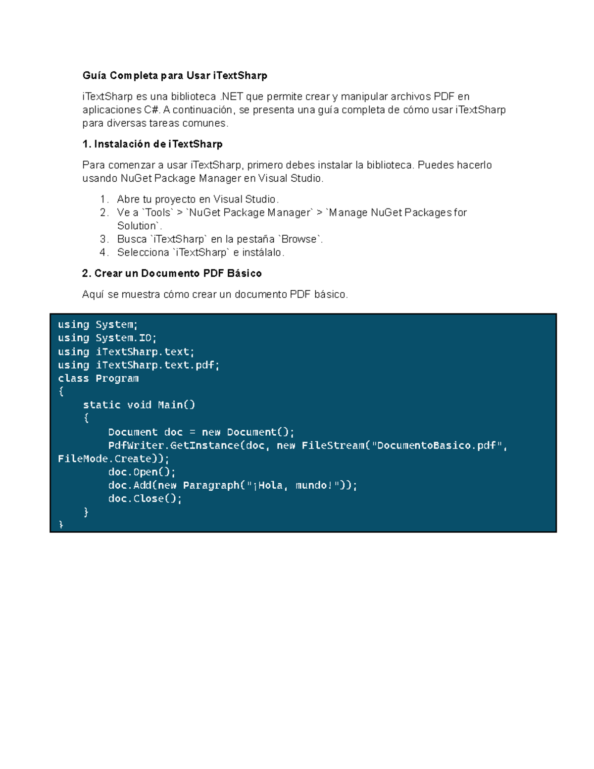 Guía Completa de Uso de iTextSharp para Crear PDFs en C# - Studocu