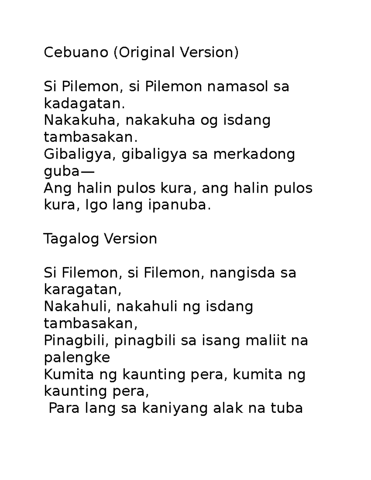 Philippine Folk Songs Lyrics: Awiting Bayan Translations and Versions ...
