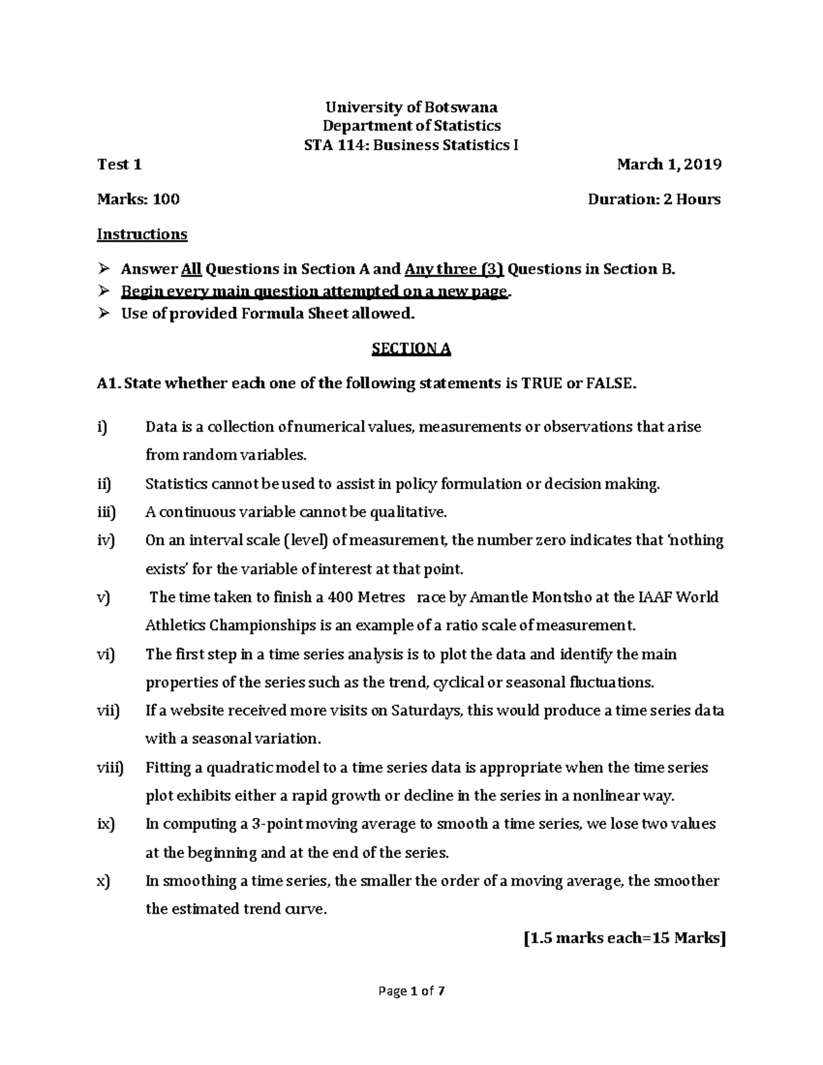 STA 114 Test 1 paper 2019 - University of Botswana Department of ...