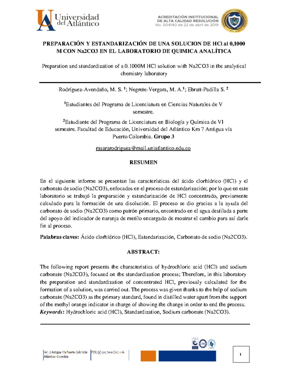 Informe 6º preparacion y estandarizacion del HCl - Química Analítica - Uniatlántico - Studocu