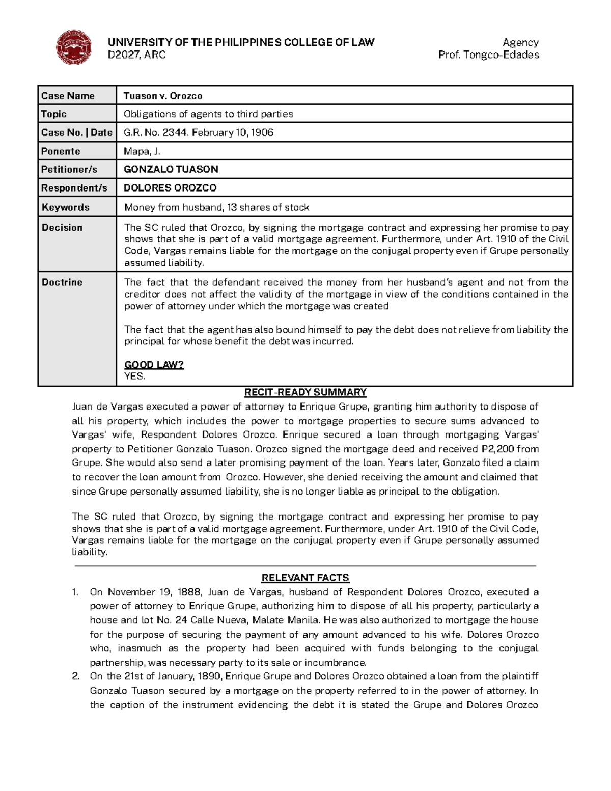 Tuason v. Orozco Case Study (D2027) - Obligations of Agents - Studocu