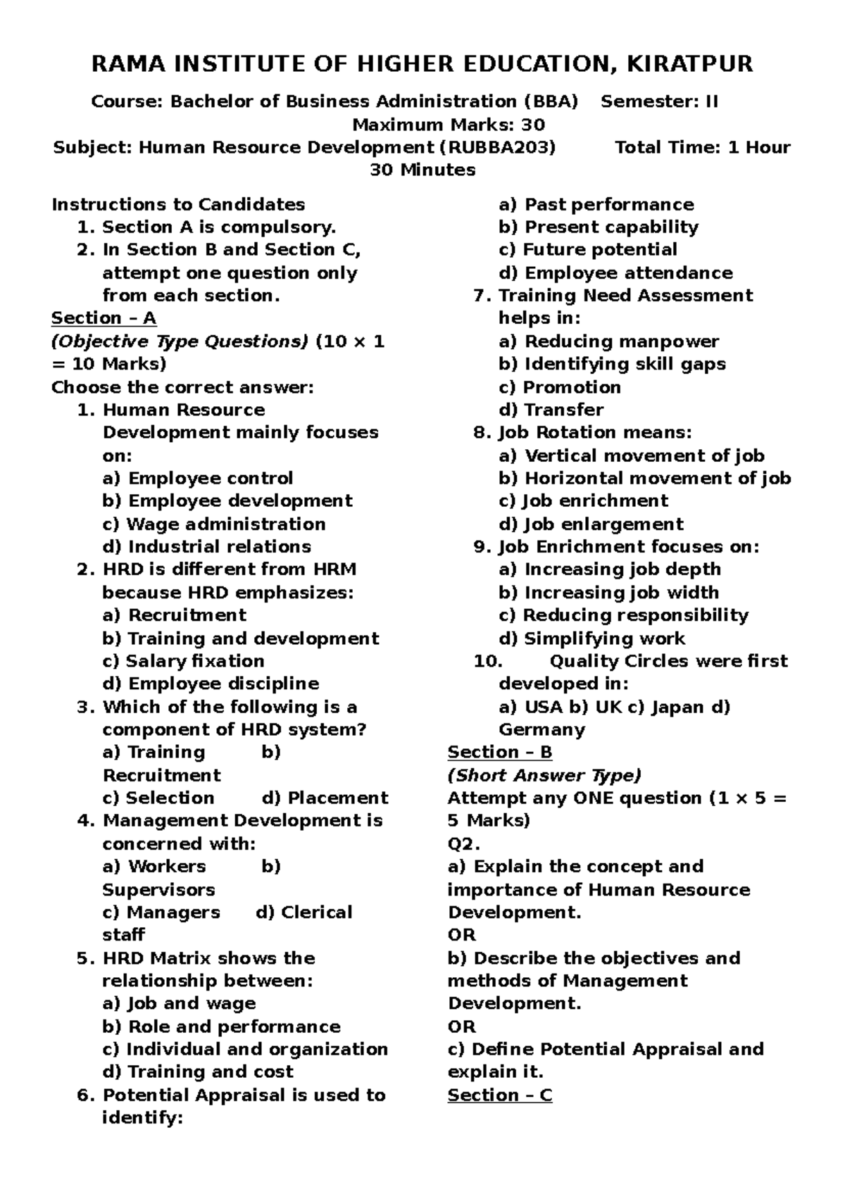 HRD Question Paper - BBA (RUBBA203) - Semester II Exam - Studocu
