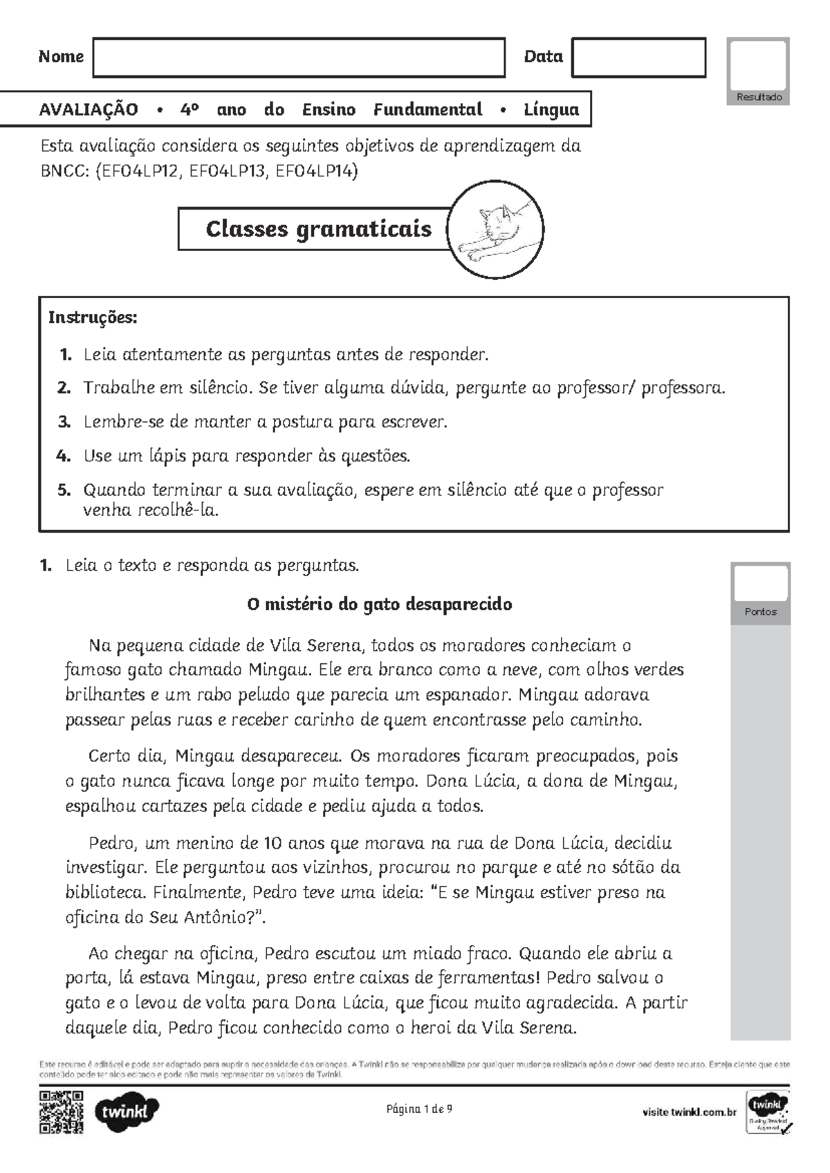 Avaliação 4º Ano Ensino Fundamental: Classes Gramaticais em Língua ...