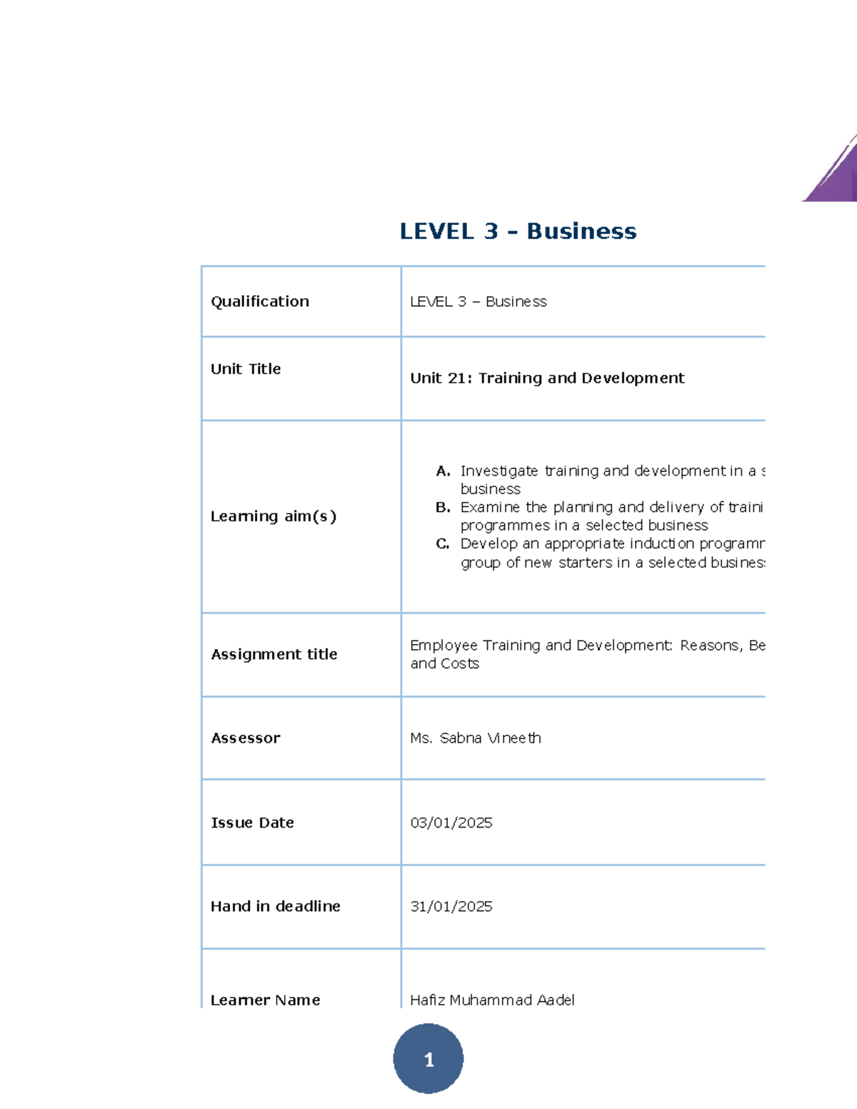 Learner's Work 1 - Very useful - LEVEL 3 – Business Qualification LEVEL ...