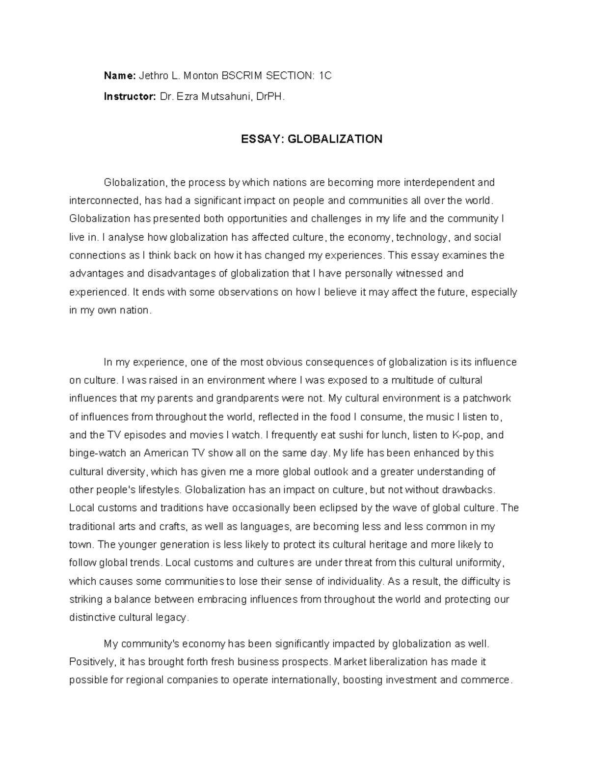 BSCRIM 1C Essay: The Impact of Globalization on Culture and Economy ...