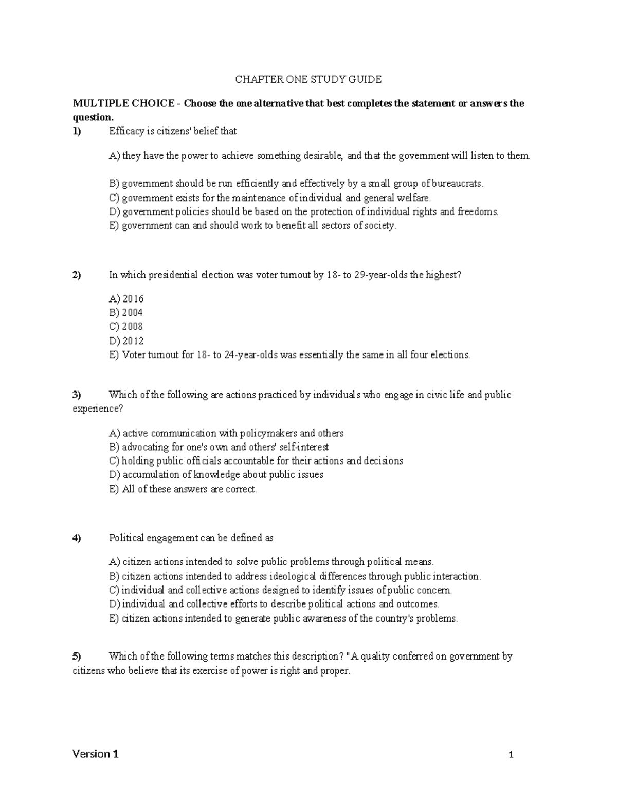 Study Guide FOR EXAM I Spring 2023 - CHAPTER ONE STUDY GUIDE MULTIPLE ...